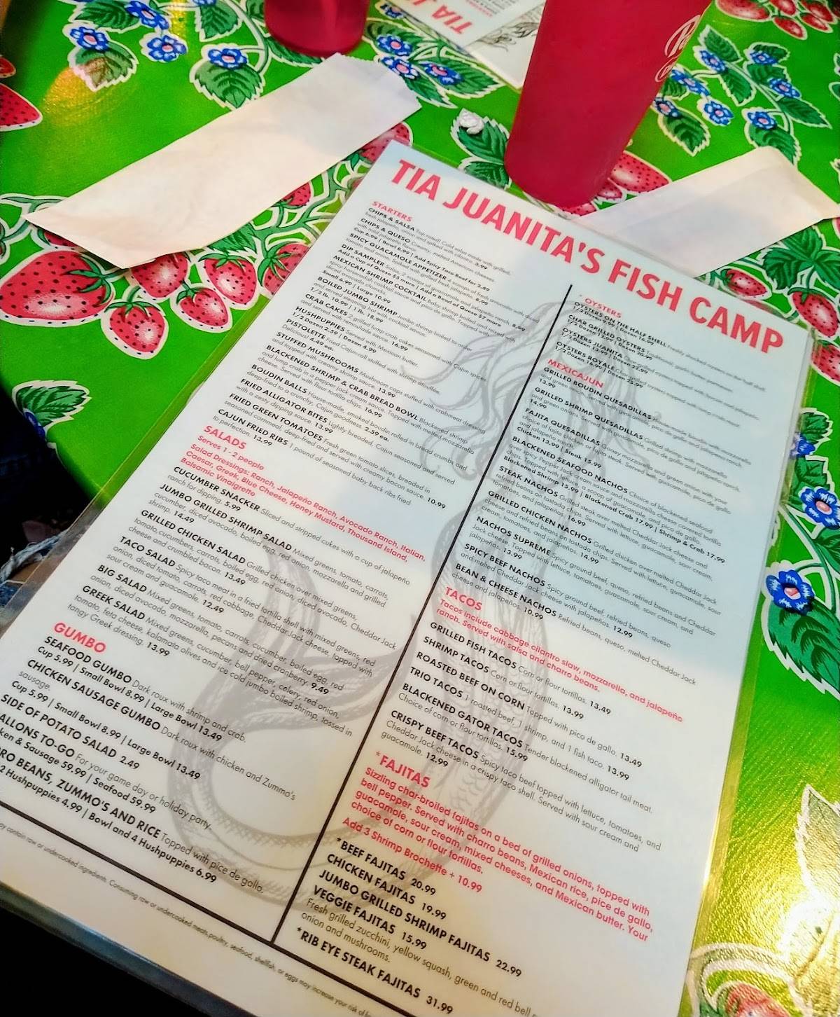 Menu at Tia Juanita's Fish Camp restaurant, Beaumont, Calder Ave