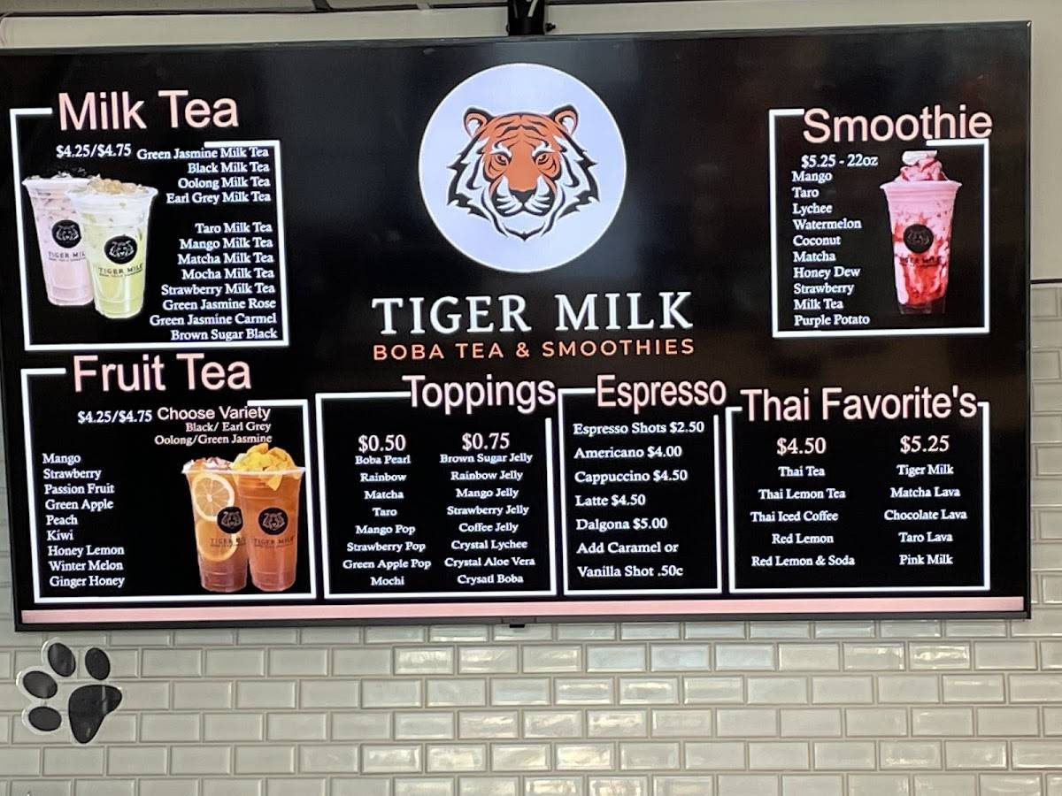 Menu at Tiger Milk Boba & Smoothies cafe, Goldsboro