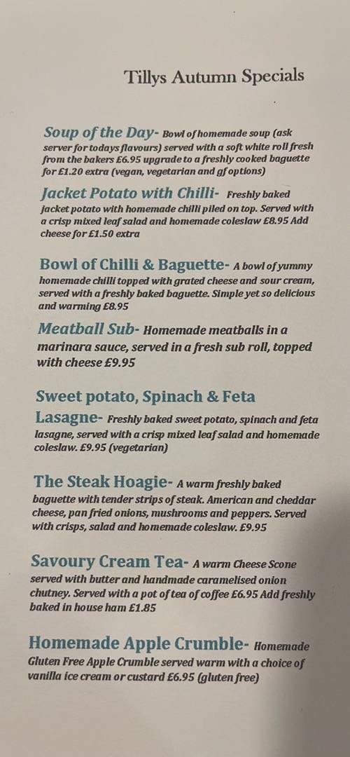 Menu at Tilly's Tearoom restaurant, Brandon