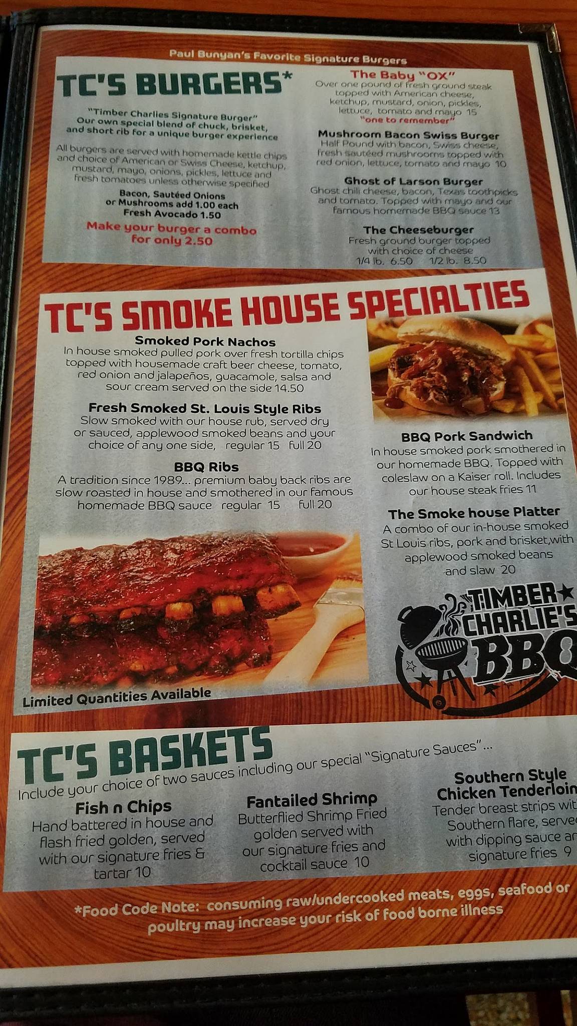 Menu at Timber Charlie's Food & Spirit pub & bar, Newberry