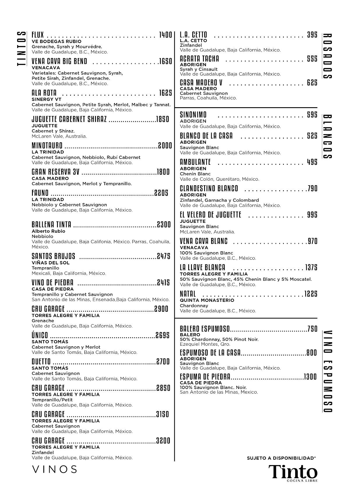 Menu at Tinto Cocina Libre restaurant, Ciudad Juarez