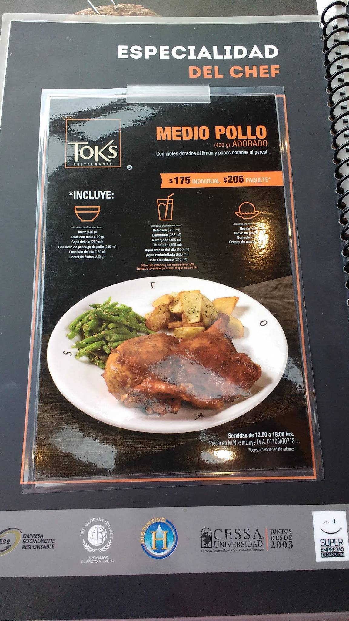 Menu at Toks Torres de Satélite cafeteria, Naucalpan, Circuito Geógrafos