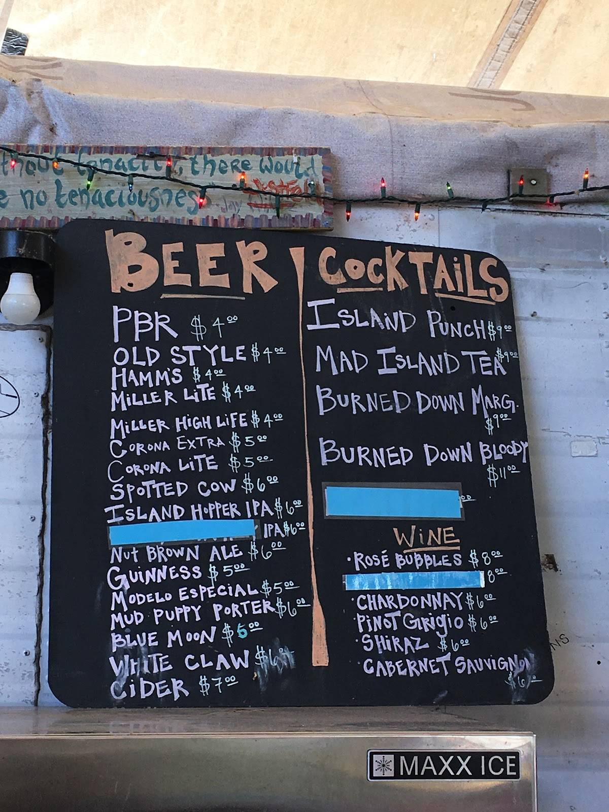 Menu at Tom's Burned Down Cafe, La Pointe