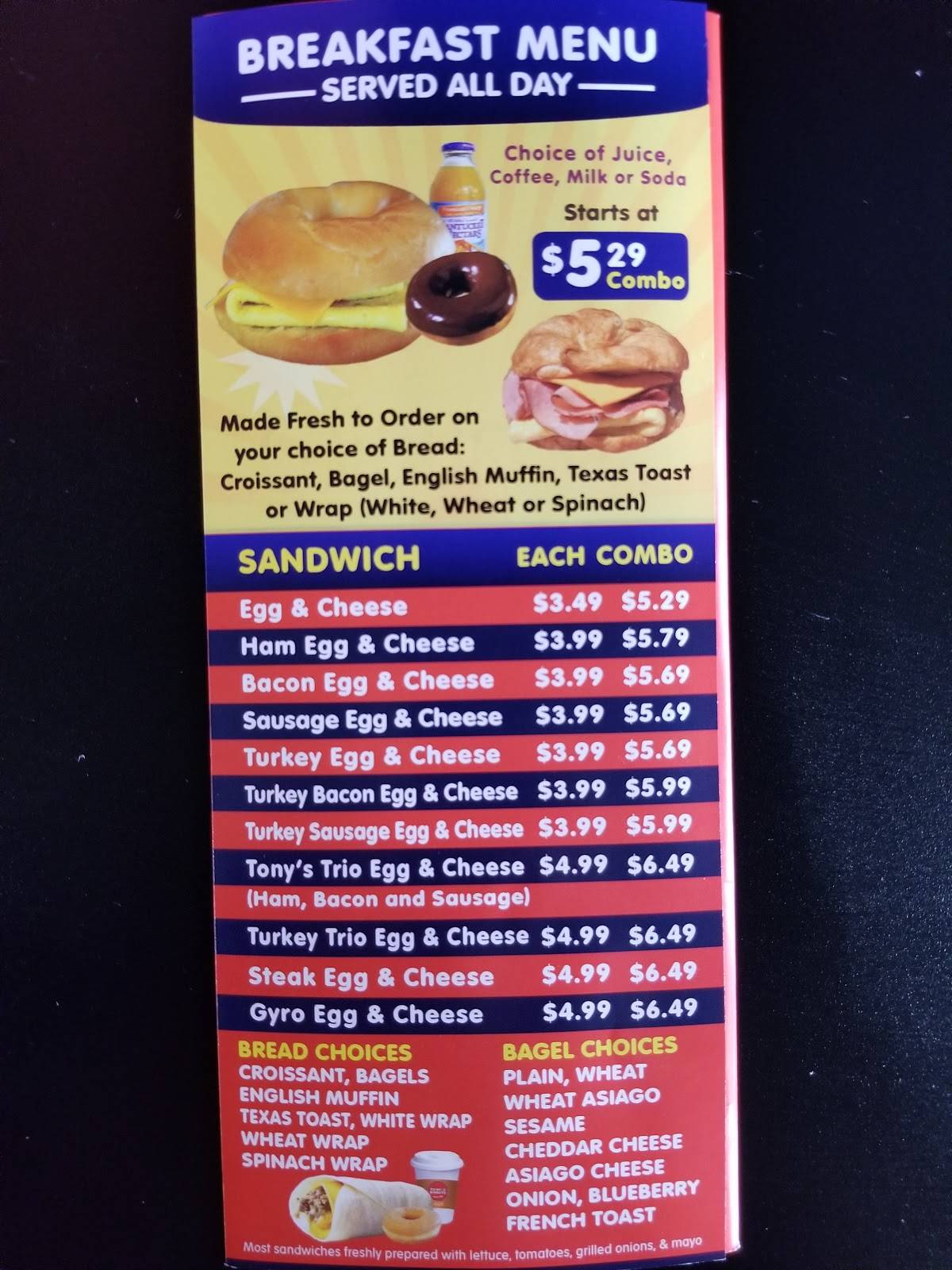 Menu at Tony's Donuts & Cafe, Hazelwood, Howdershell Rd