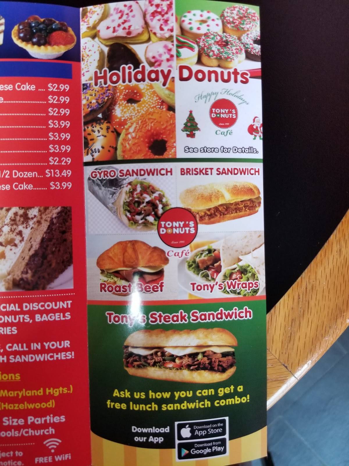 Menu at Tony's Donuts & Cafe, Hazelwood, Howdershell Rd