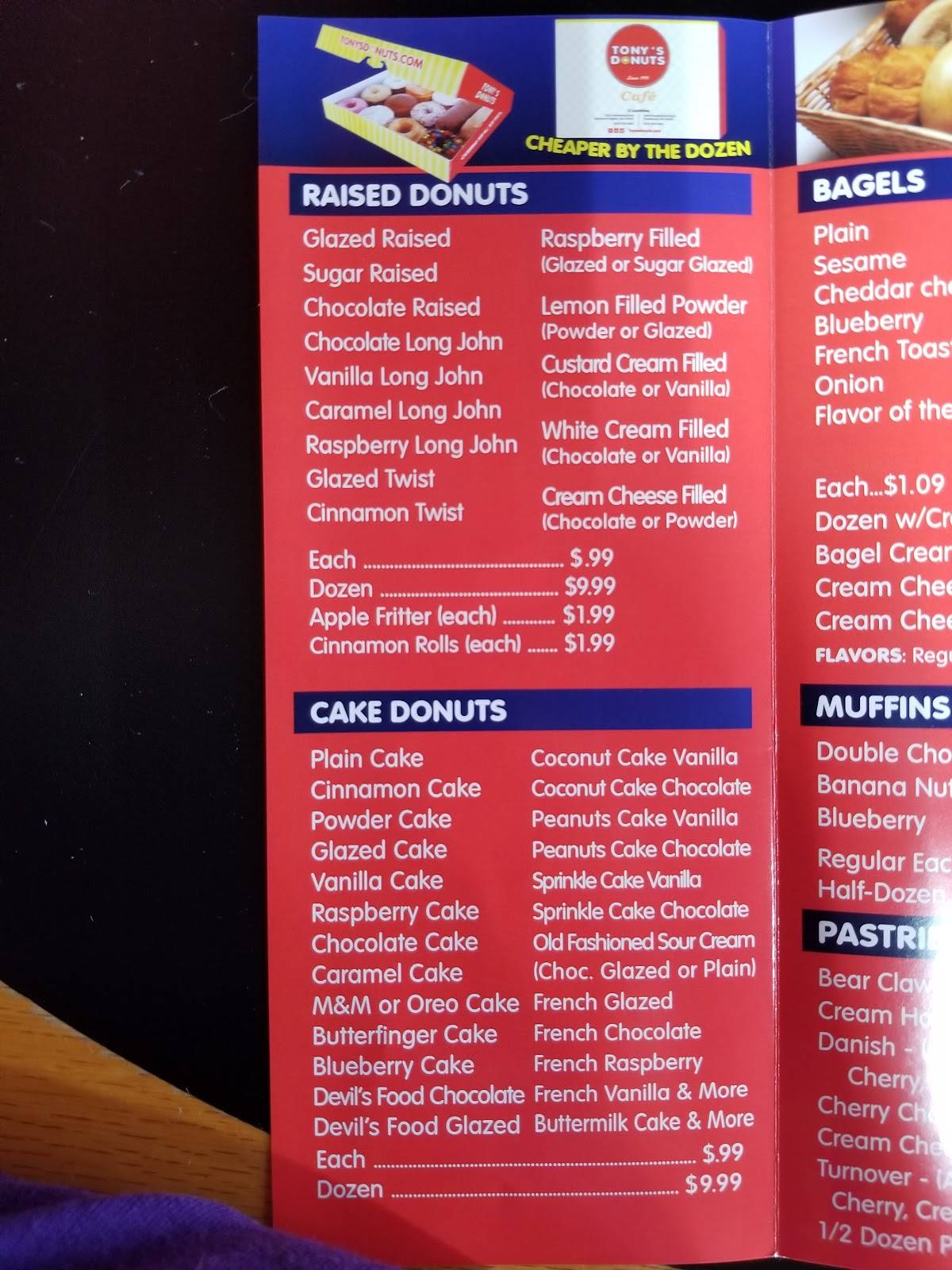 Menu at Tony's Donuts & Cafe, Hazelwood, Howdershell Rd
