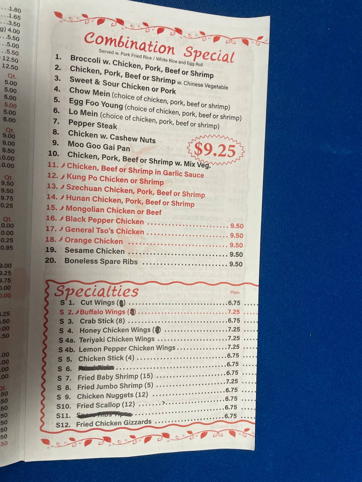 Menu at Top China restaurant, Prosperity