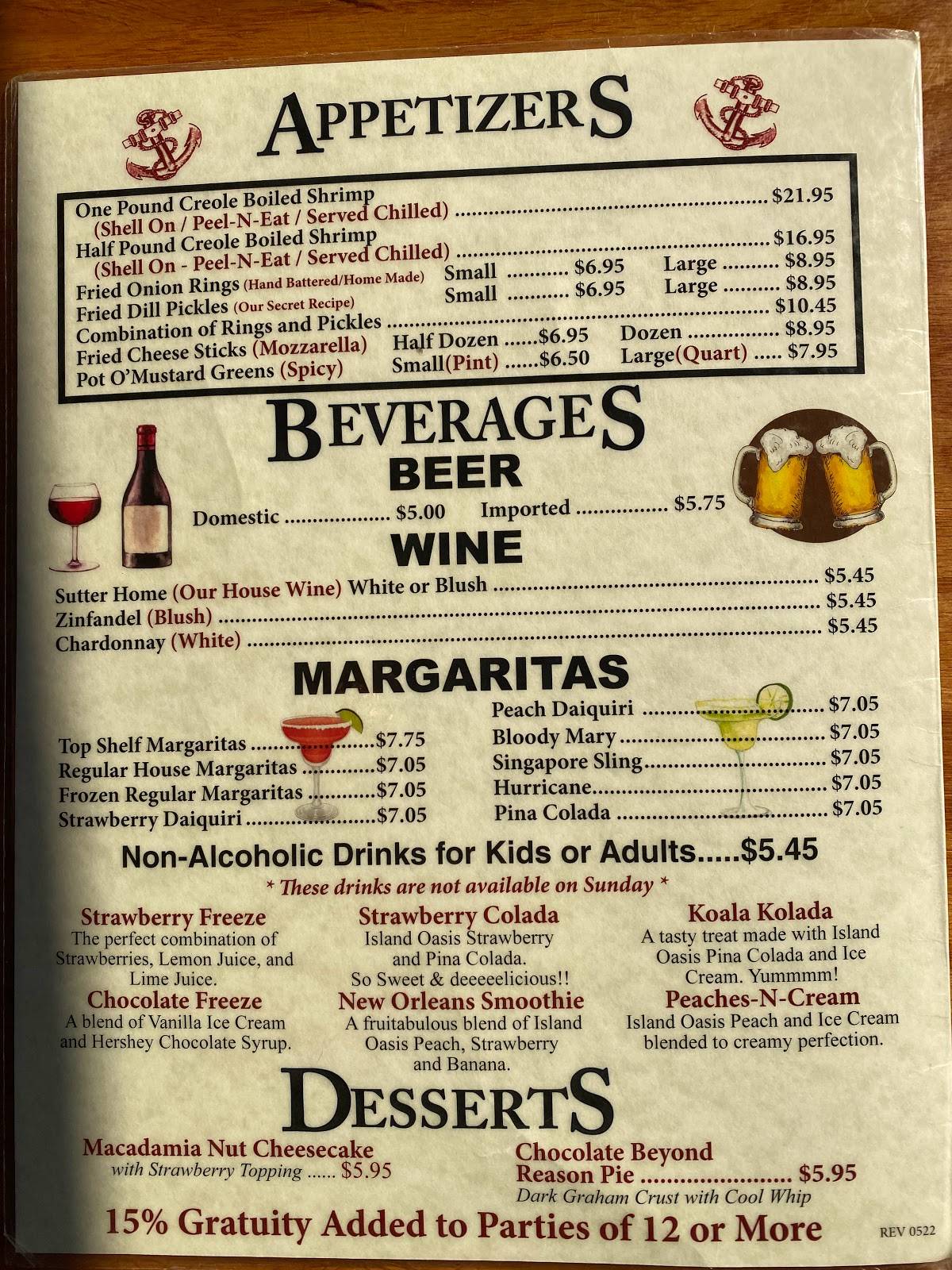 Menu at Top O' the River restaurant, Gadsden