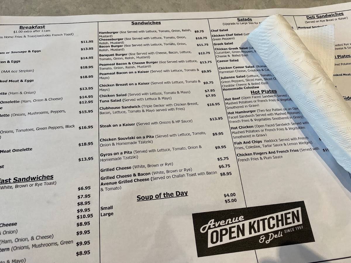 Menu at Avenue Open Kitchen restaurant, Toronto