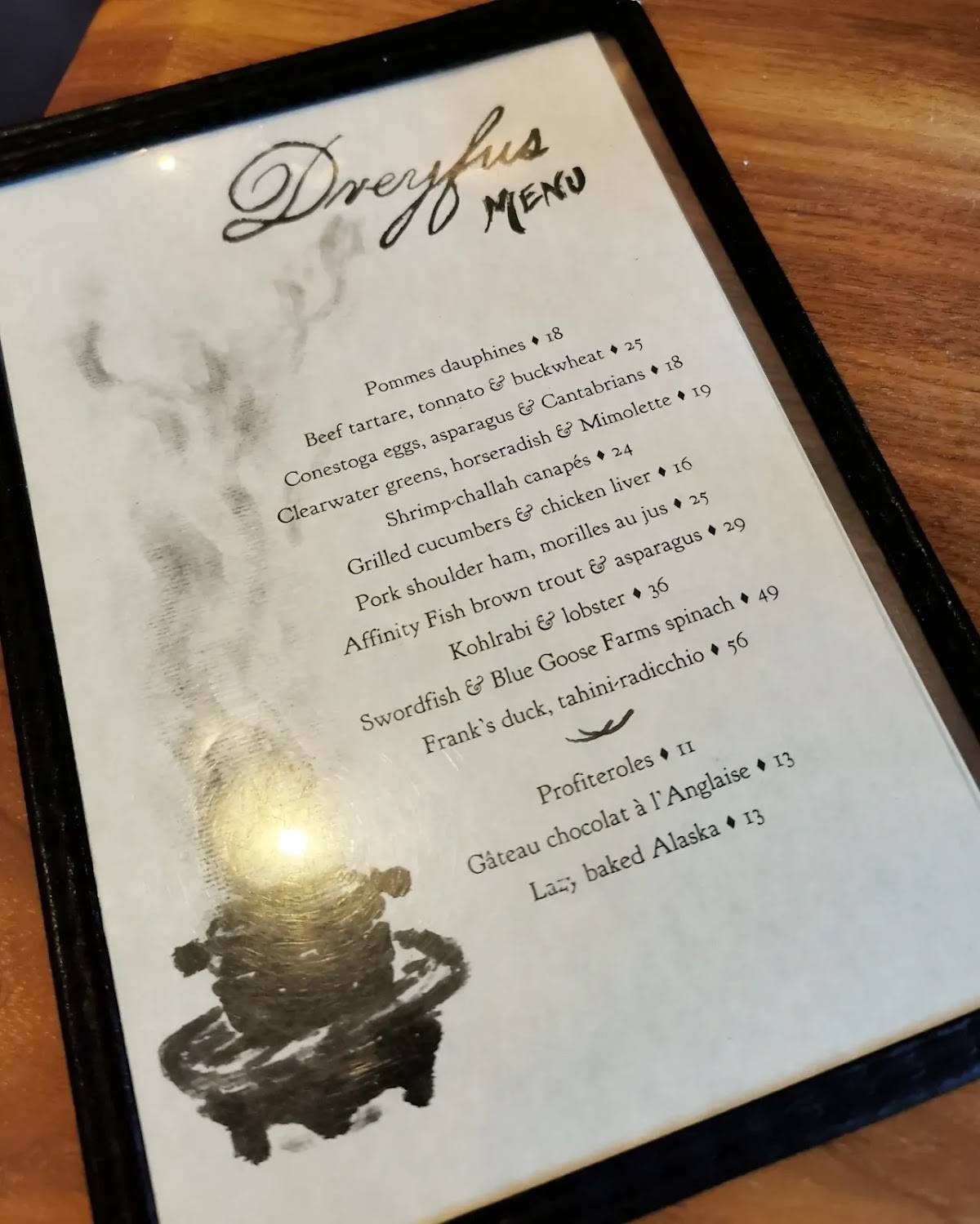 Menu at Dreyfus restaurant, Toronto, 96 Harbord St