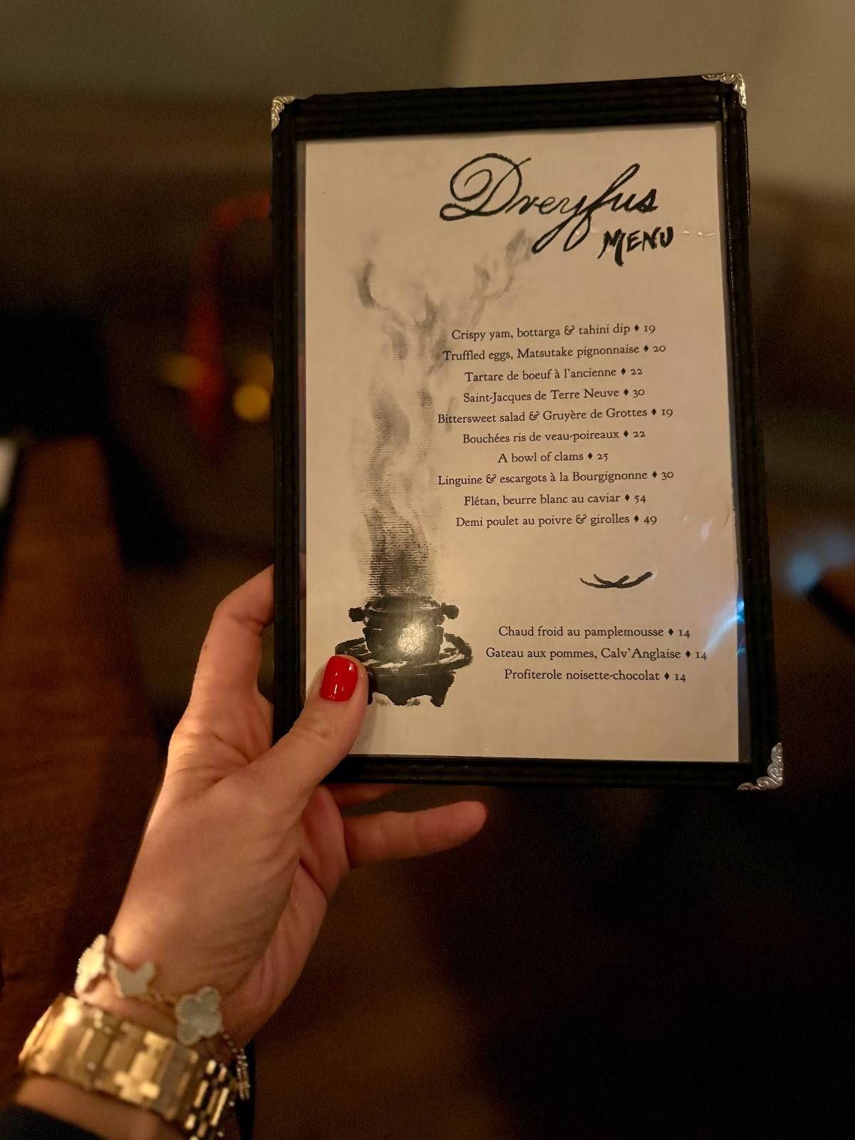 Menu at Dreyfus restaurant, Toronto, 96 Harbord St
