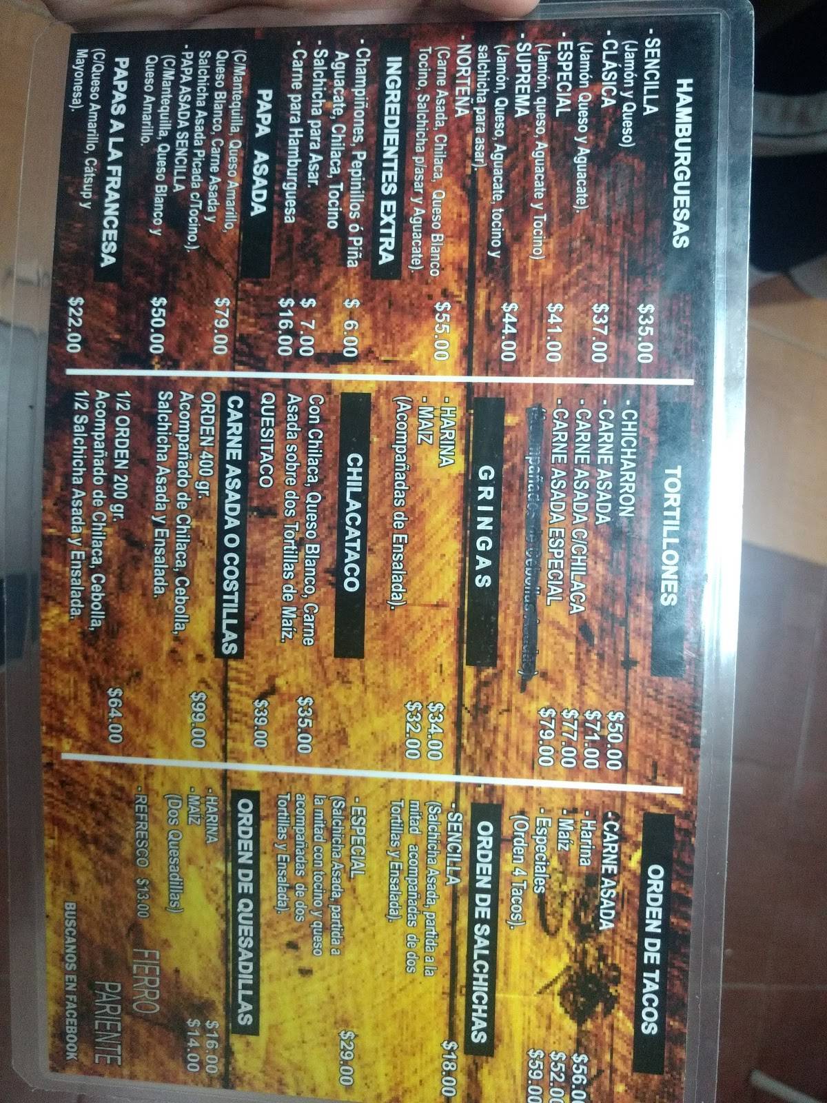 Carta de Restaurant "El Pariente" Calz. Xochimilco, Torreón