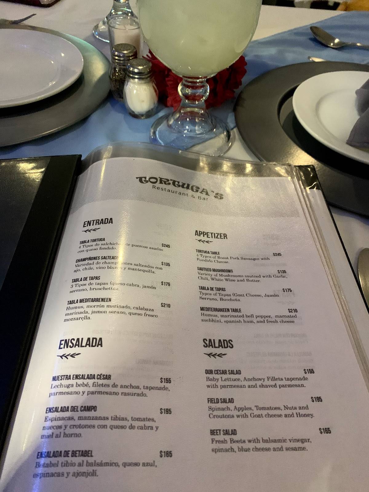 Menu at Tortuga's restaurant, San Carlos