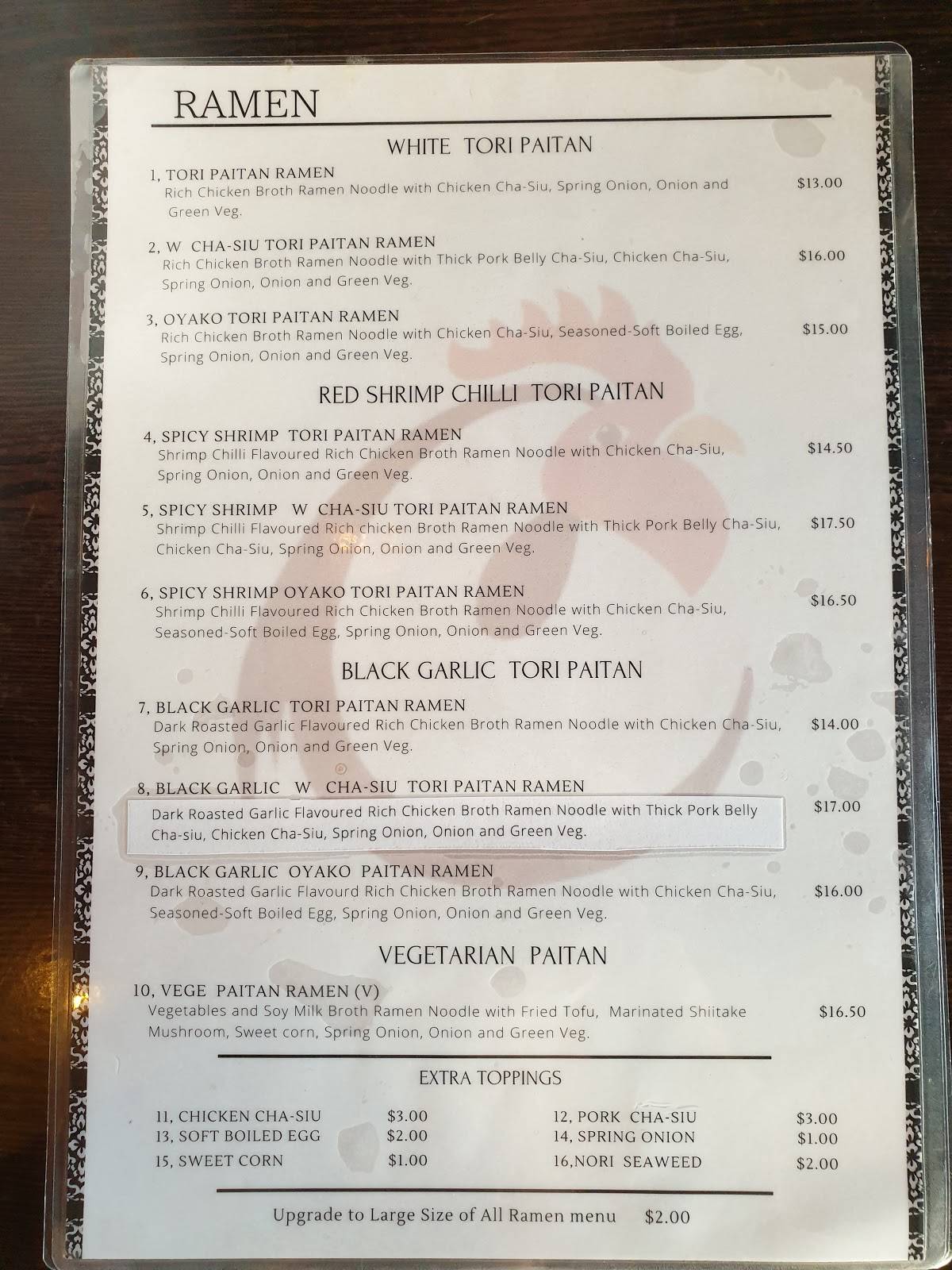 Menu at Tosaka Ramen Bar, Northbridge