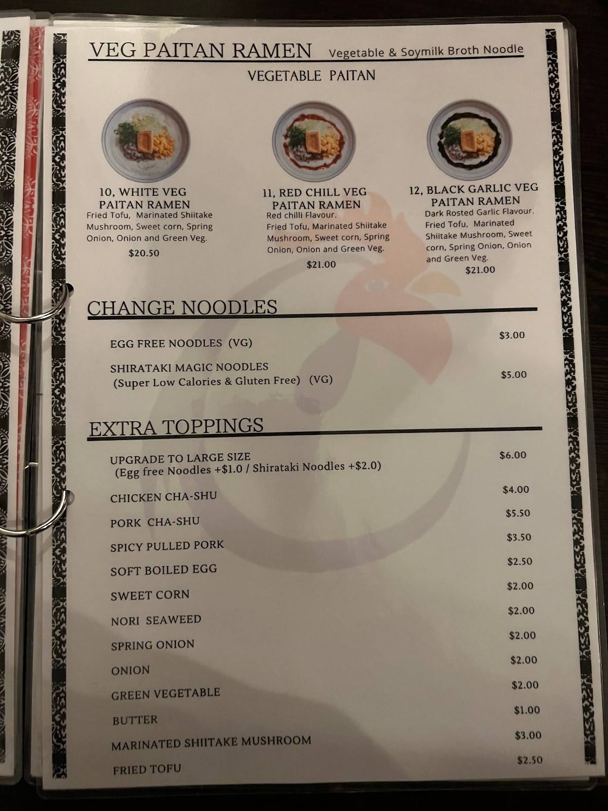 Menu at Tosaka Ramen Bar, Northbridge