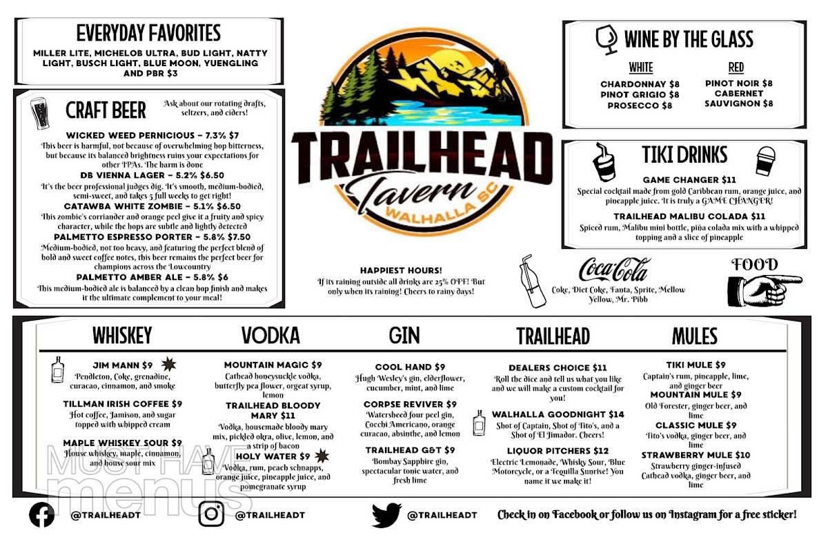 Menu at Trailhead Tavern pub & bar, Walhalla