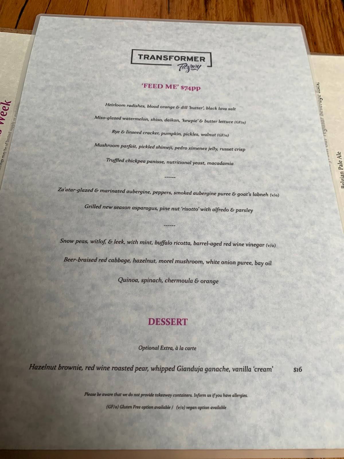 Menu at Transformer Next Door restaurant, Fitzroy