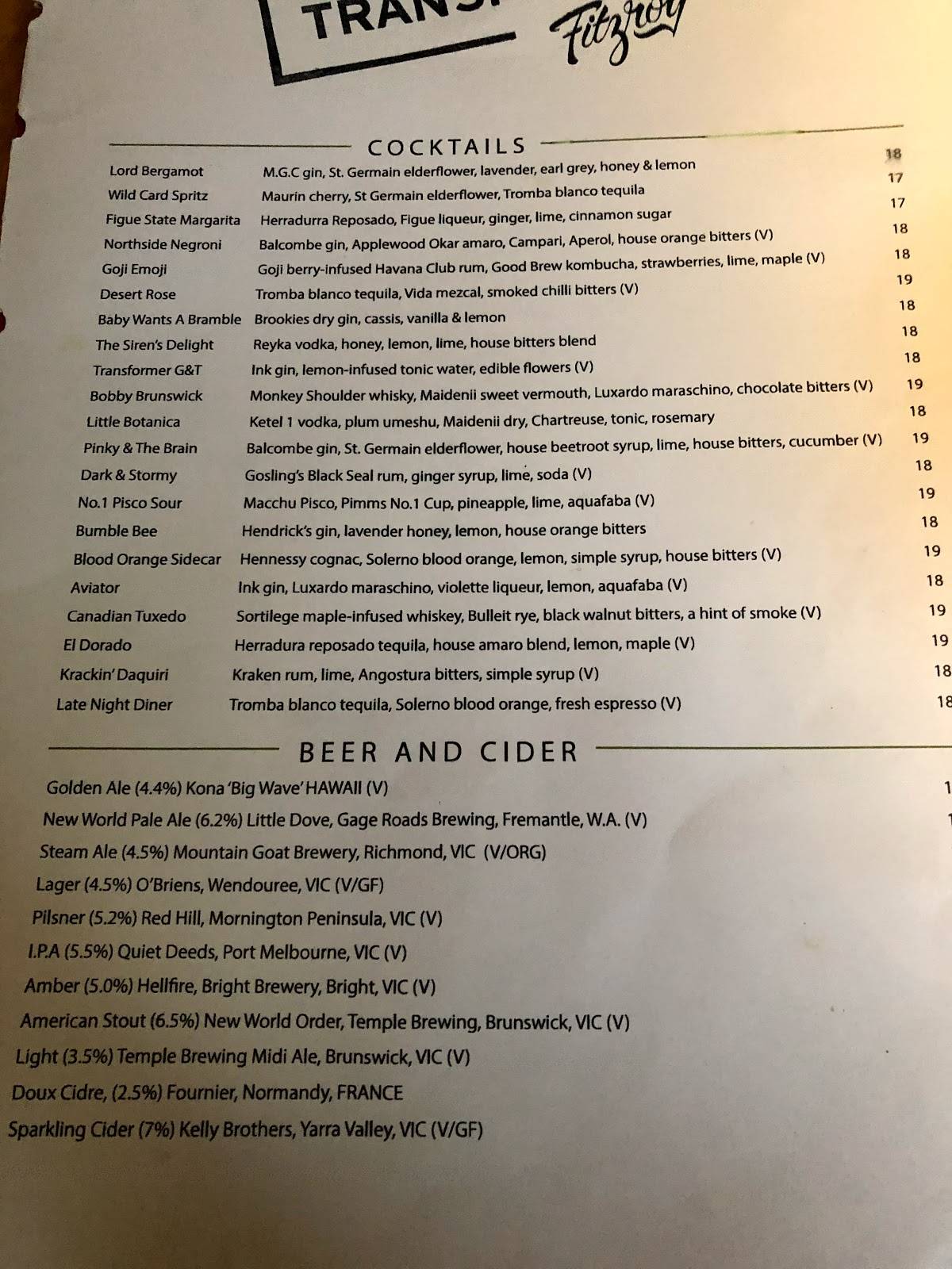 Menu at Transformer Next Door restaurant, Fitzroy