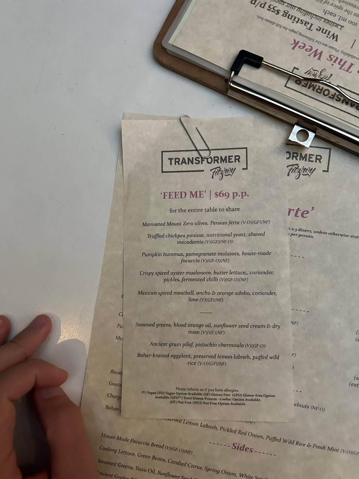 Menu at Transformer Next Door restaurant, Fitzroy