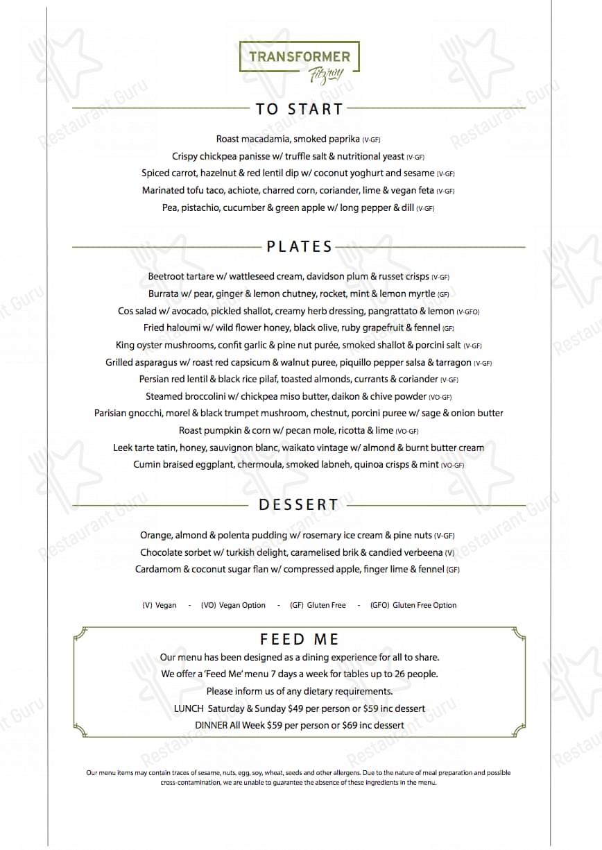 Menu at Transformer Next Door restaurant, Fitzroy