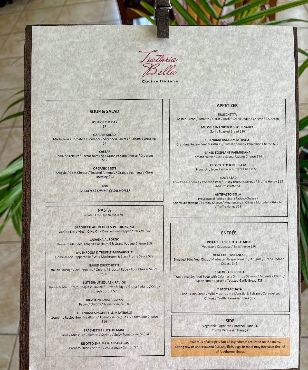 Menu at Trattoria Bella pub & bar, Palm Bay