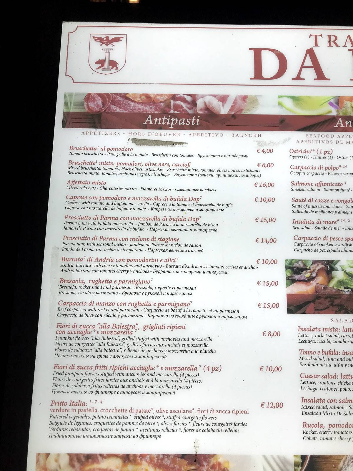 Menu at Trattoria Da Luigi restaurant, Rome