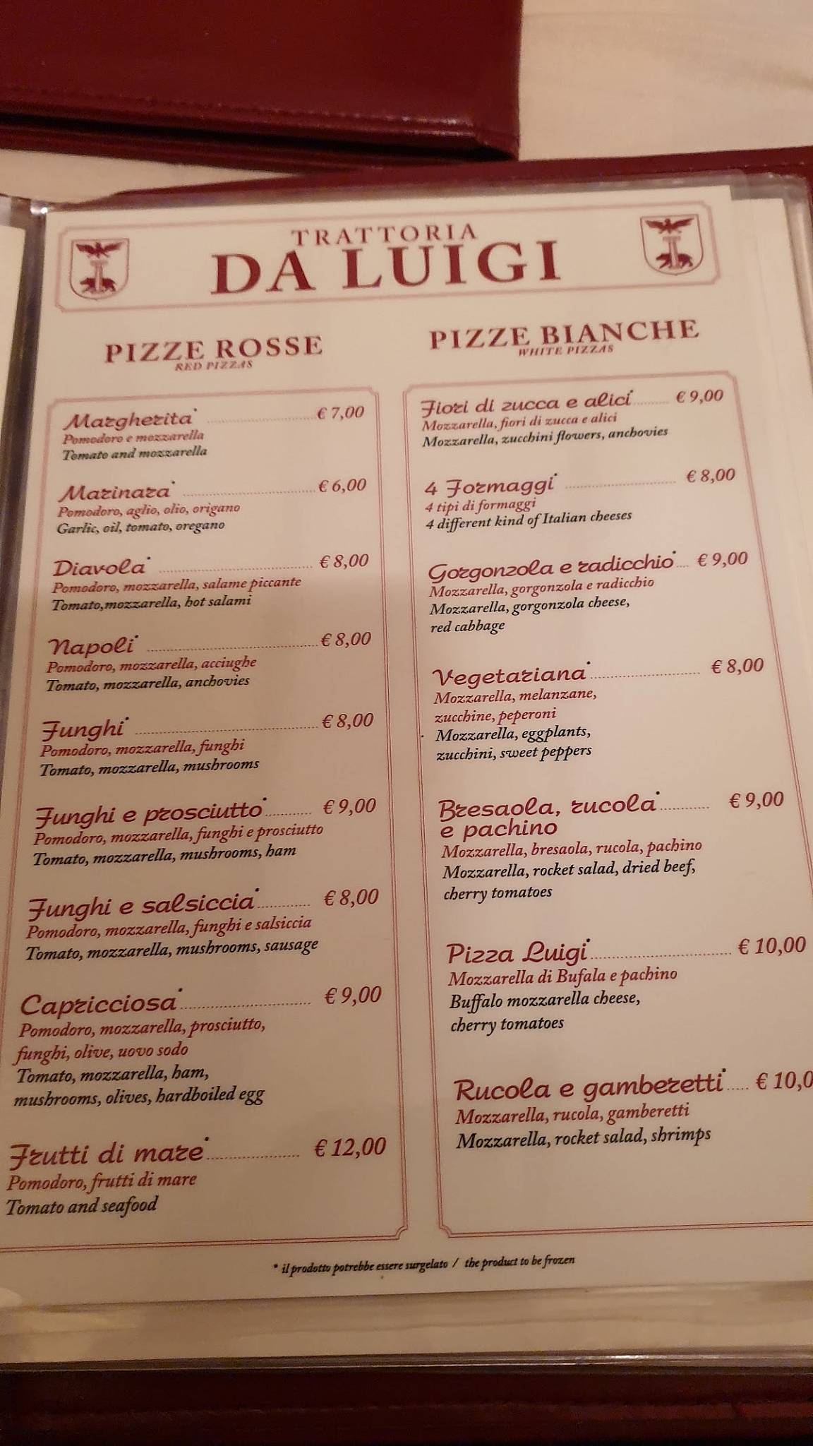 Menu at Trattoria Da Luigi restaurant, Rome