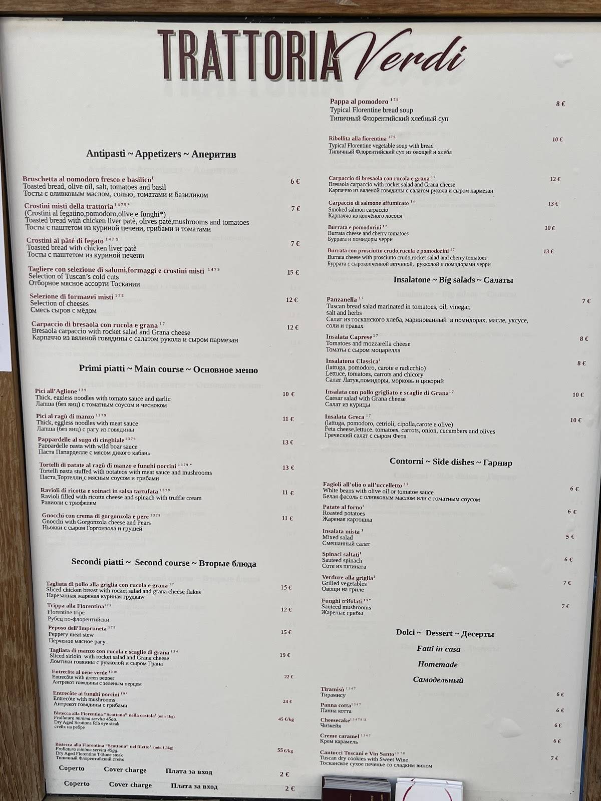 Menu da Trattoria Verdi Firenze pub & bar, Firenze