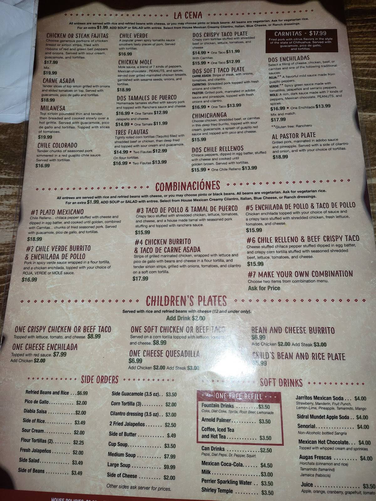 Menu at Tres Hermanas restaurant, Sacramento
