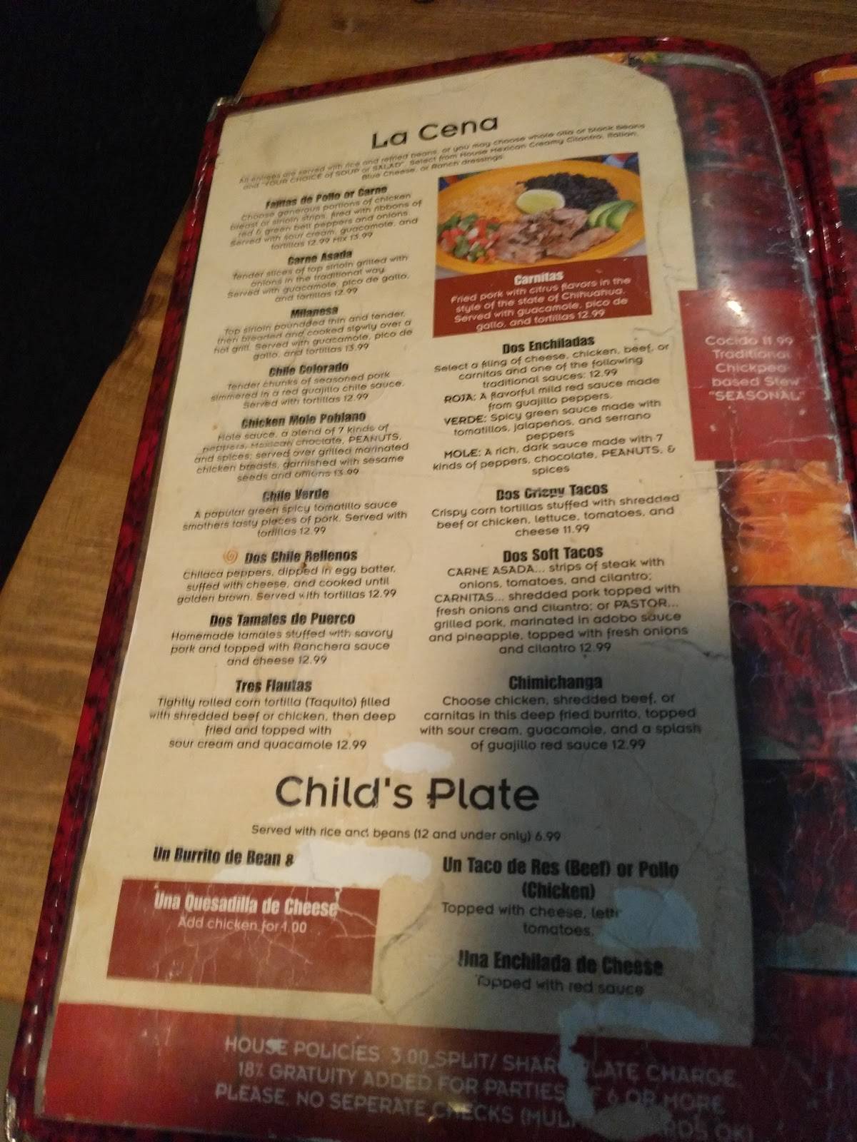 Menu at Tres Hermanas restaurant, Sacramento