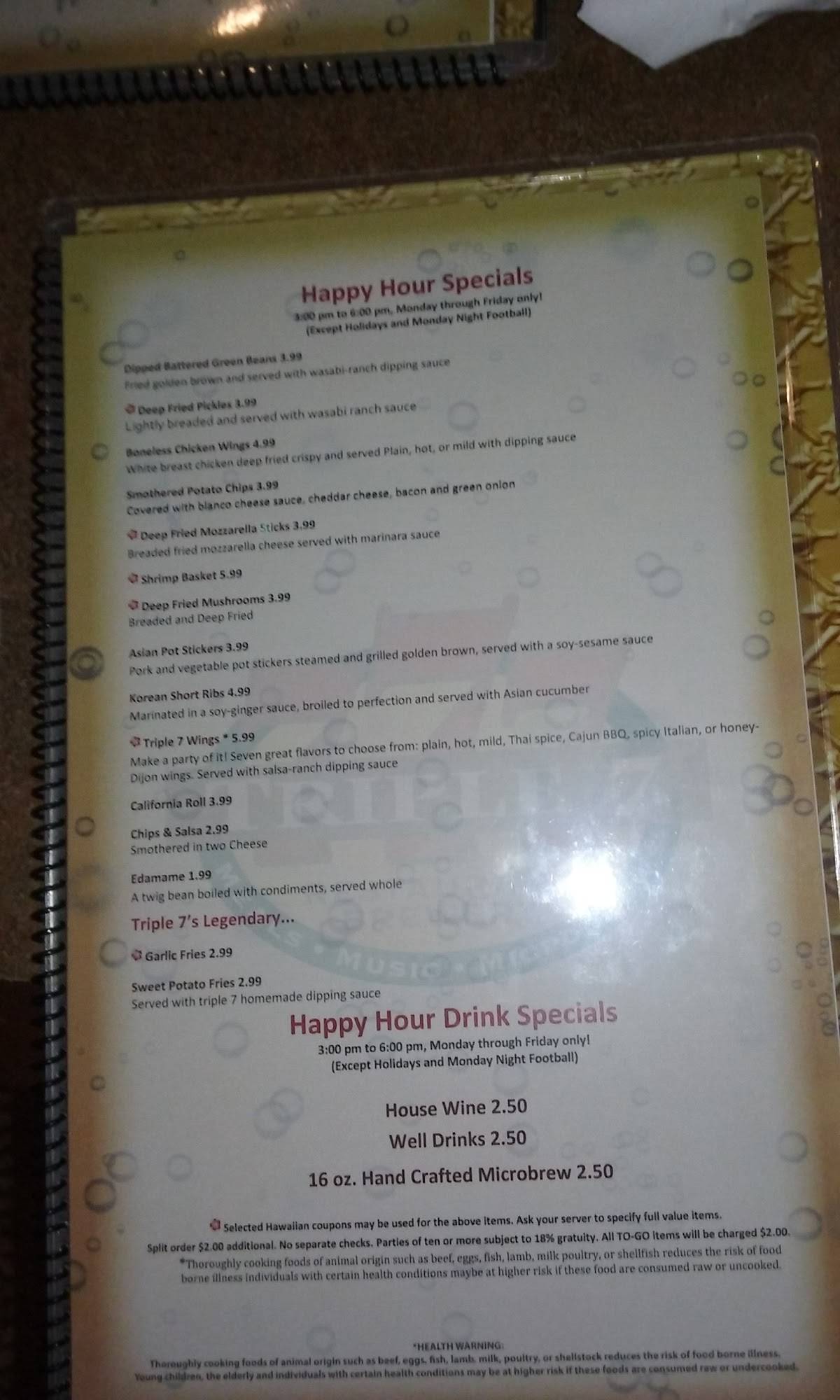 Menu at Triple 7 Restaurant and Microbrewery, Las Vegas