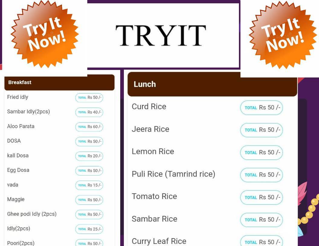 Menu at Try it, Chennai