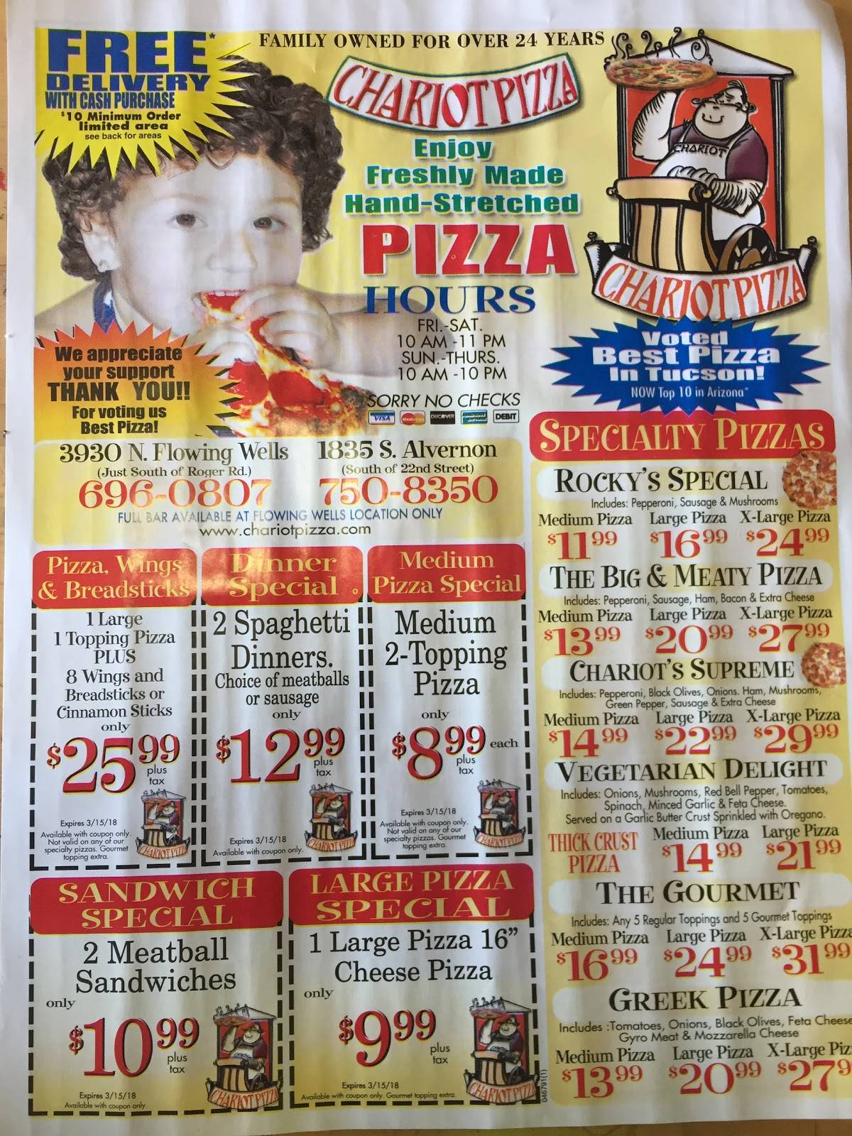 Menu at Chariot Pizza pizzeria, Tucson, N Flowing Wells Rd