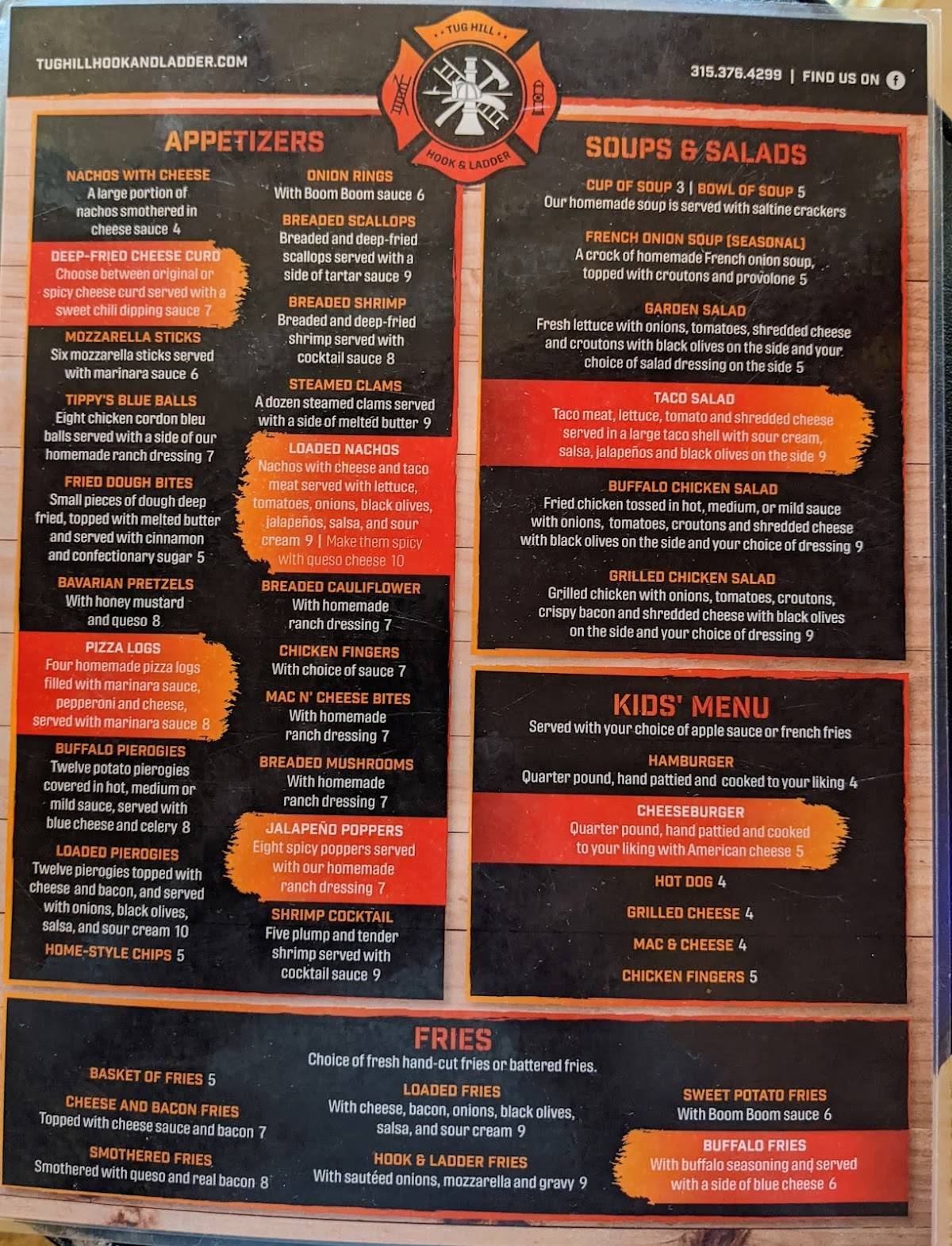 Menu at Tug Hill Hook and Ladder restaurant, USA