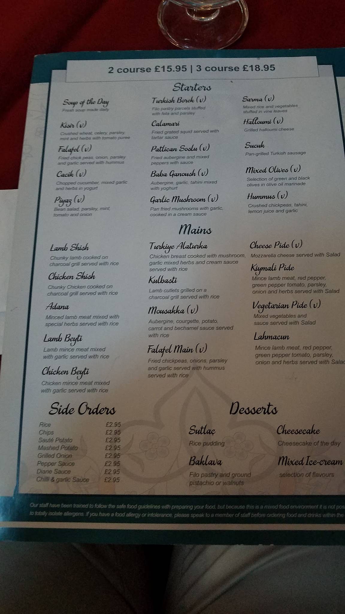 Menu at Turkiye EFES Restaurant, Glasgow