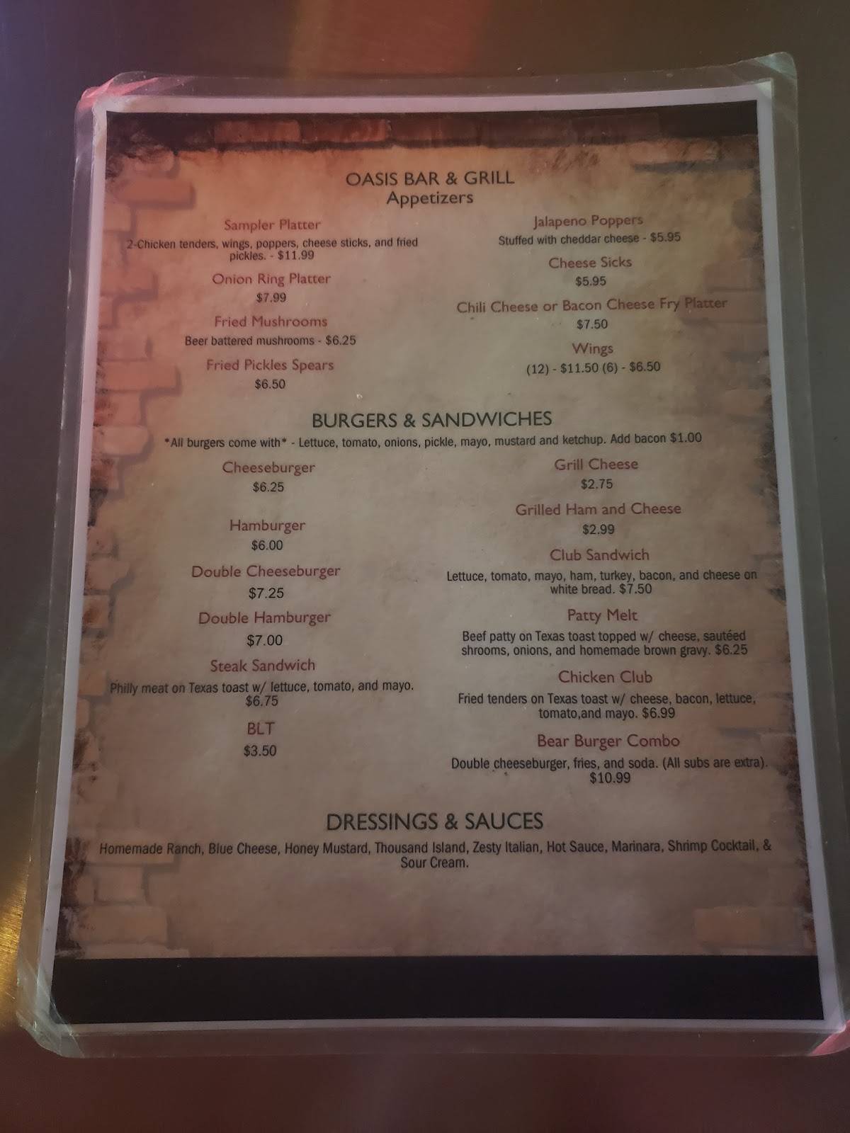 Menu at Oasis Bar & Grill, Cottondale