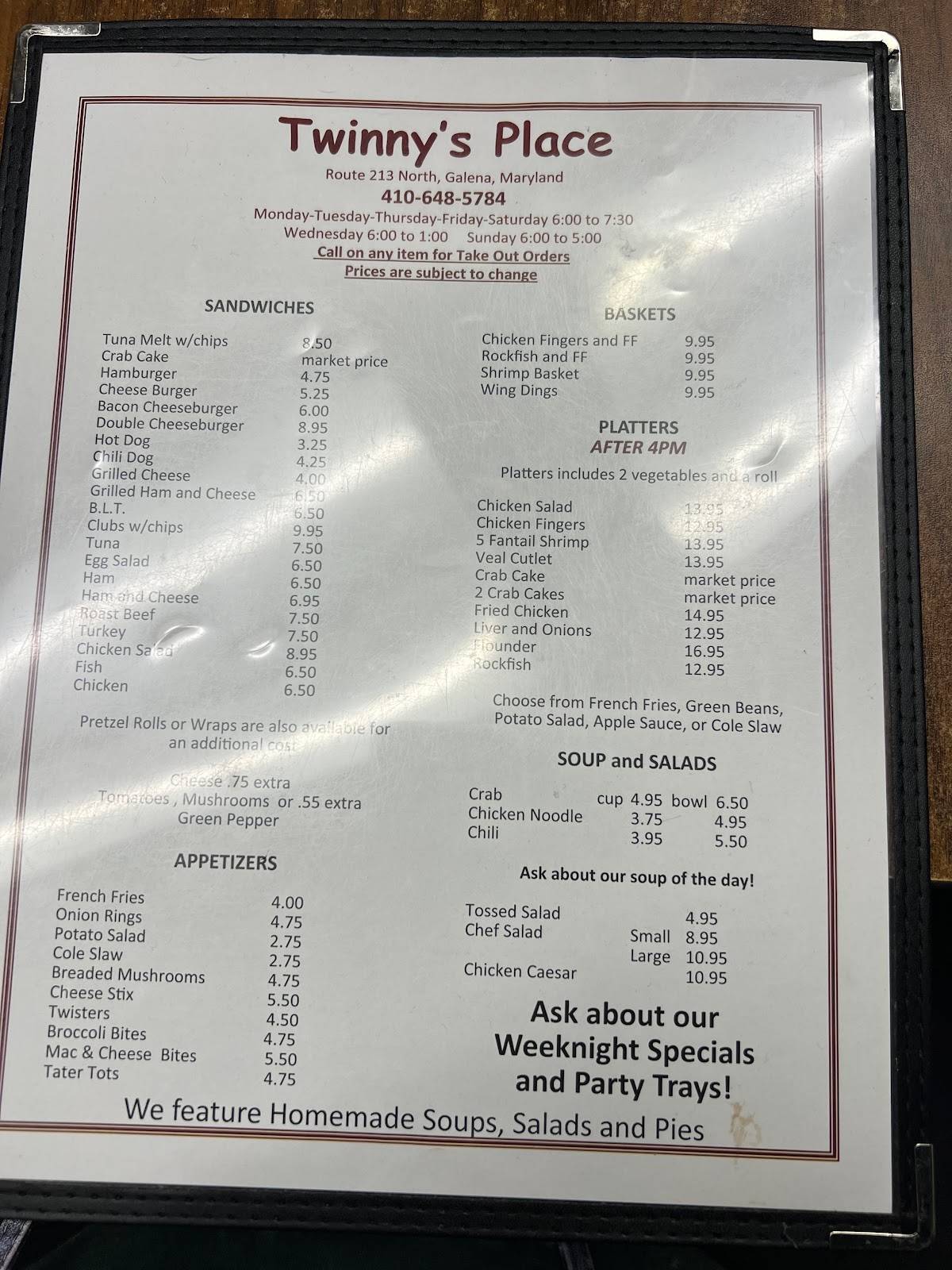 Menu at Twinny's Place restaurant, Galena