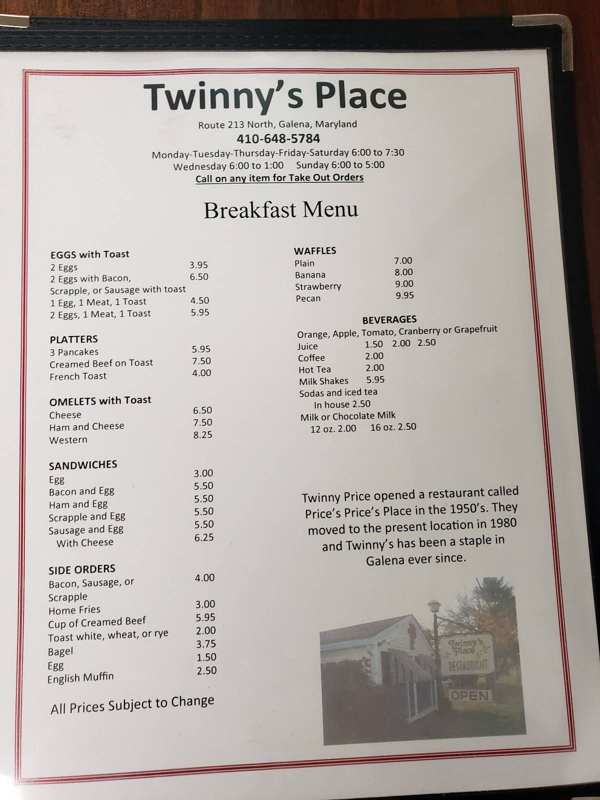 Menu at Twinny's Place restaurant, Galena
