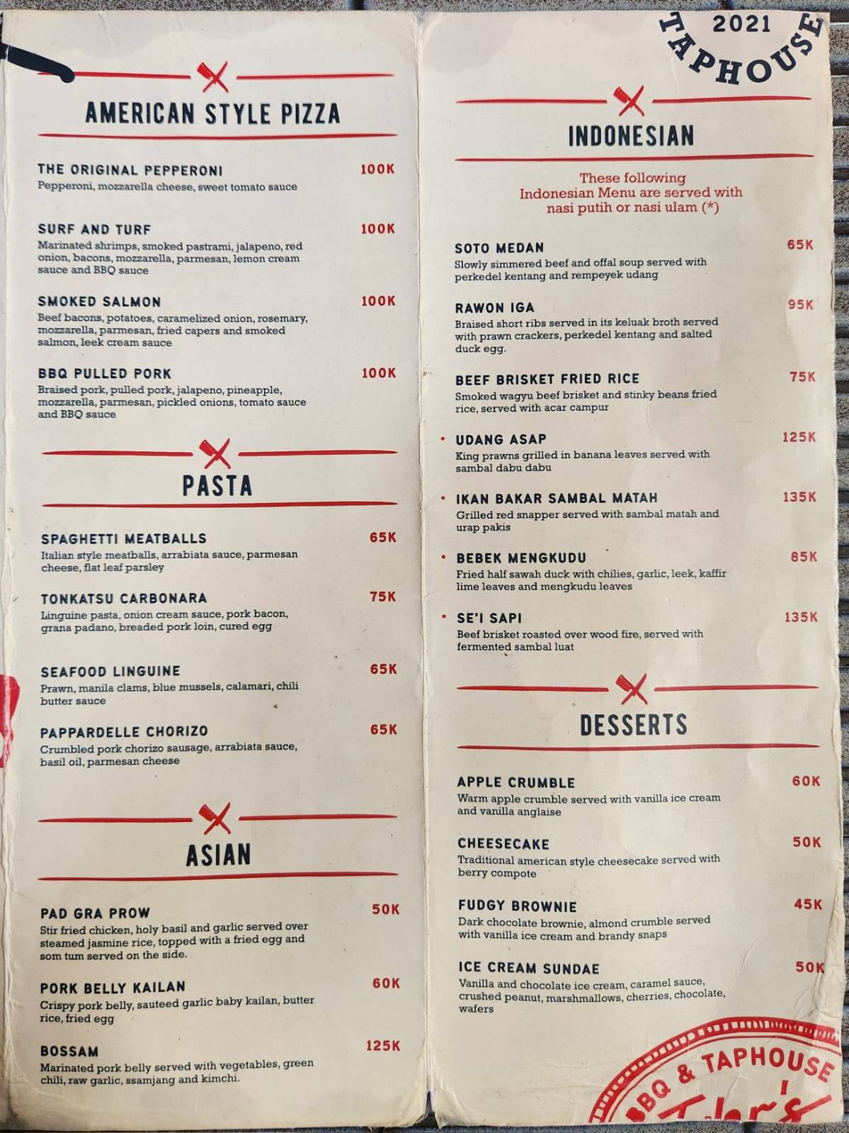 Menu at Tyler's Smoke House restaurant, Semarang
