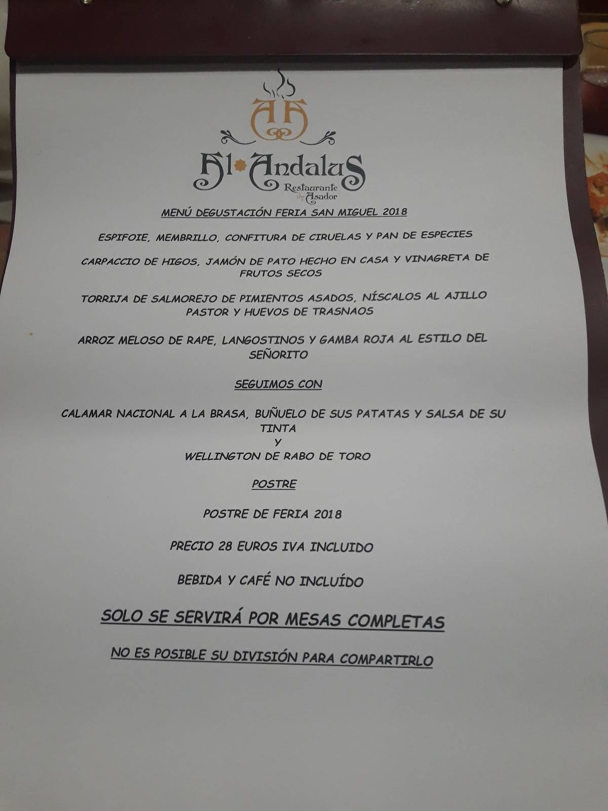 Carta de Restaurante Asador Al Andalus, Úbeda, C. de los Canos
