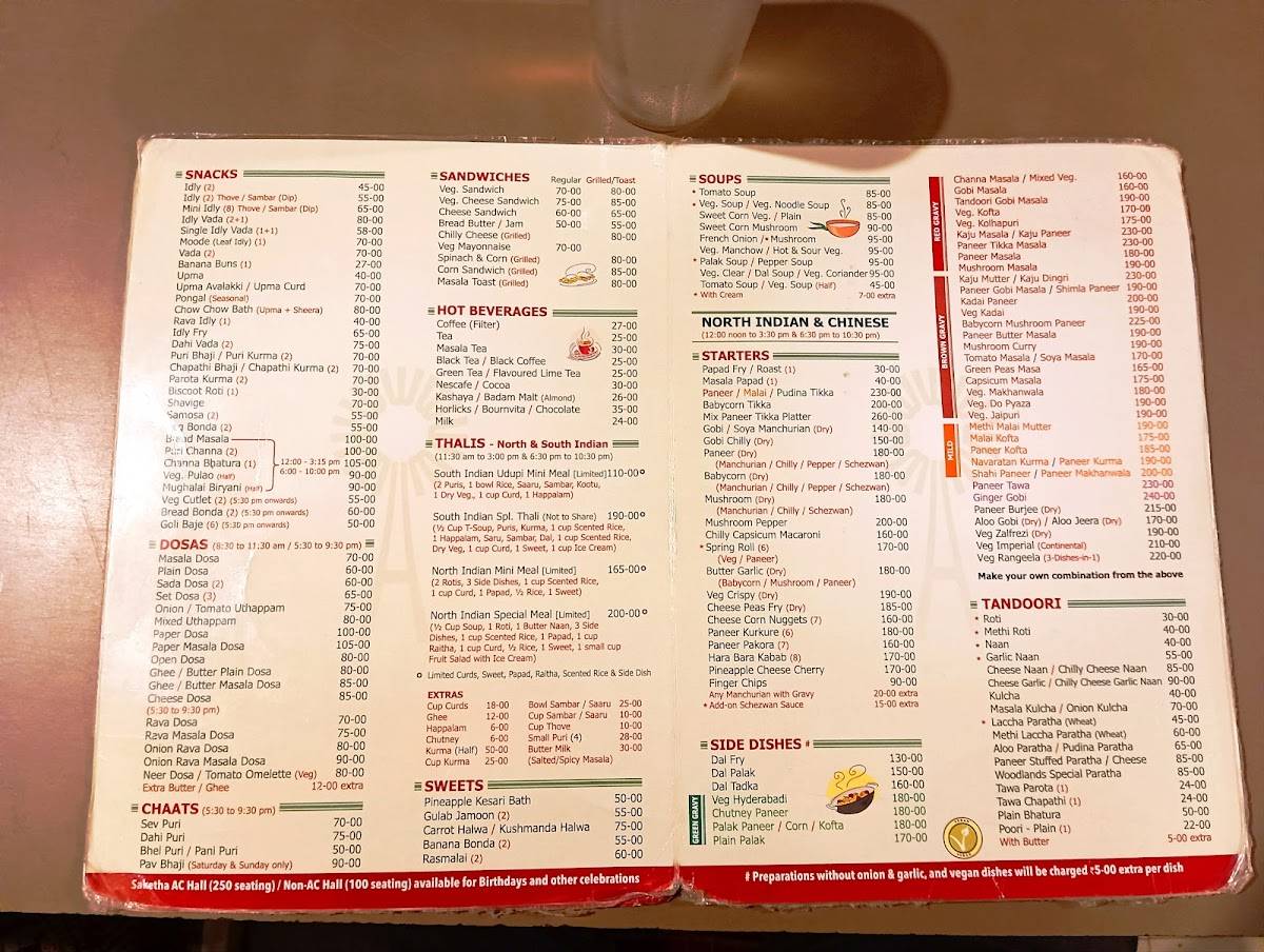 Menu at Woodlands Restaurant, Udupi, Dr. U. R. RAO Complex