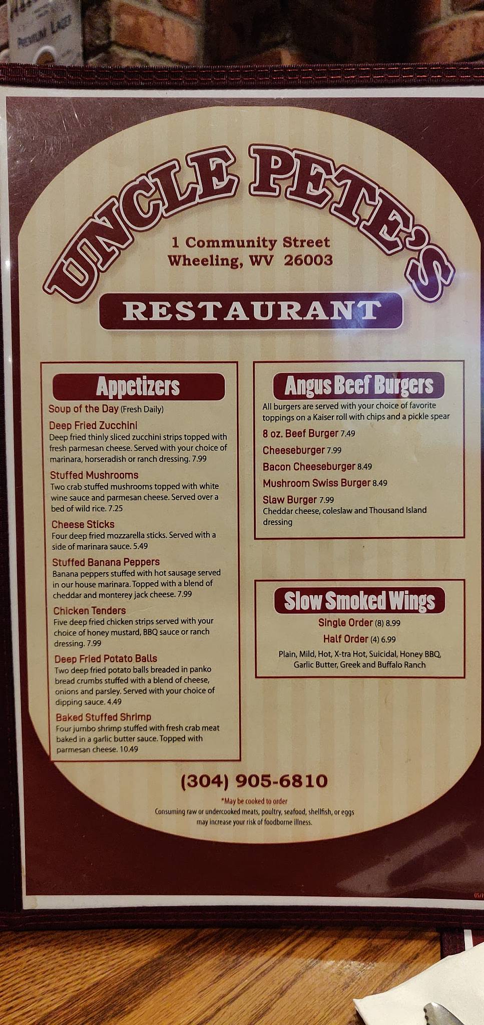 Menu at Uncle Pete's restaurant, Wheeling, 1 Community St