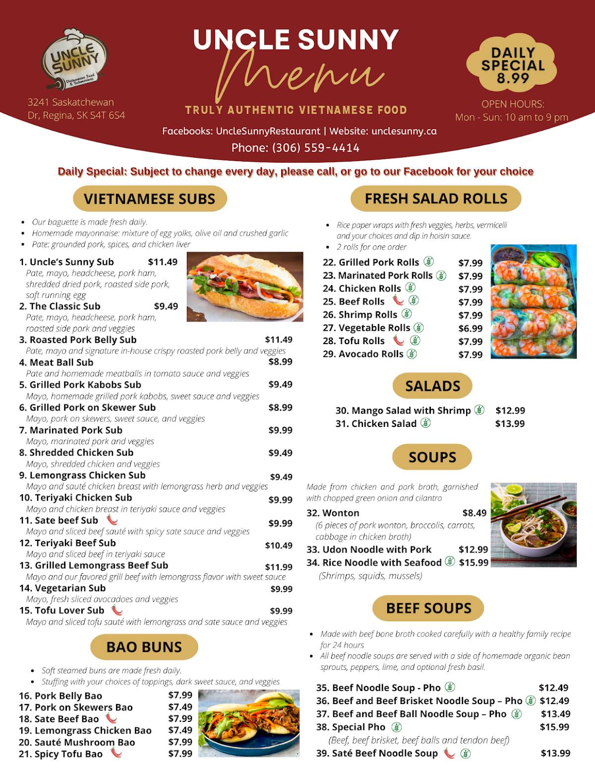 Menu at Uncle Sunny restaurant, Regina