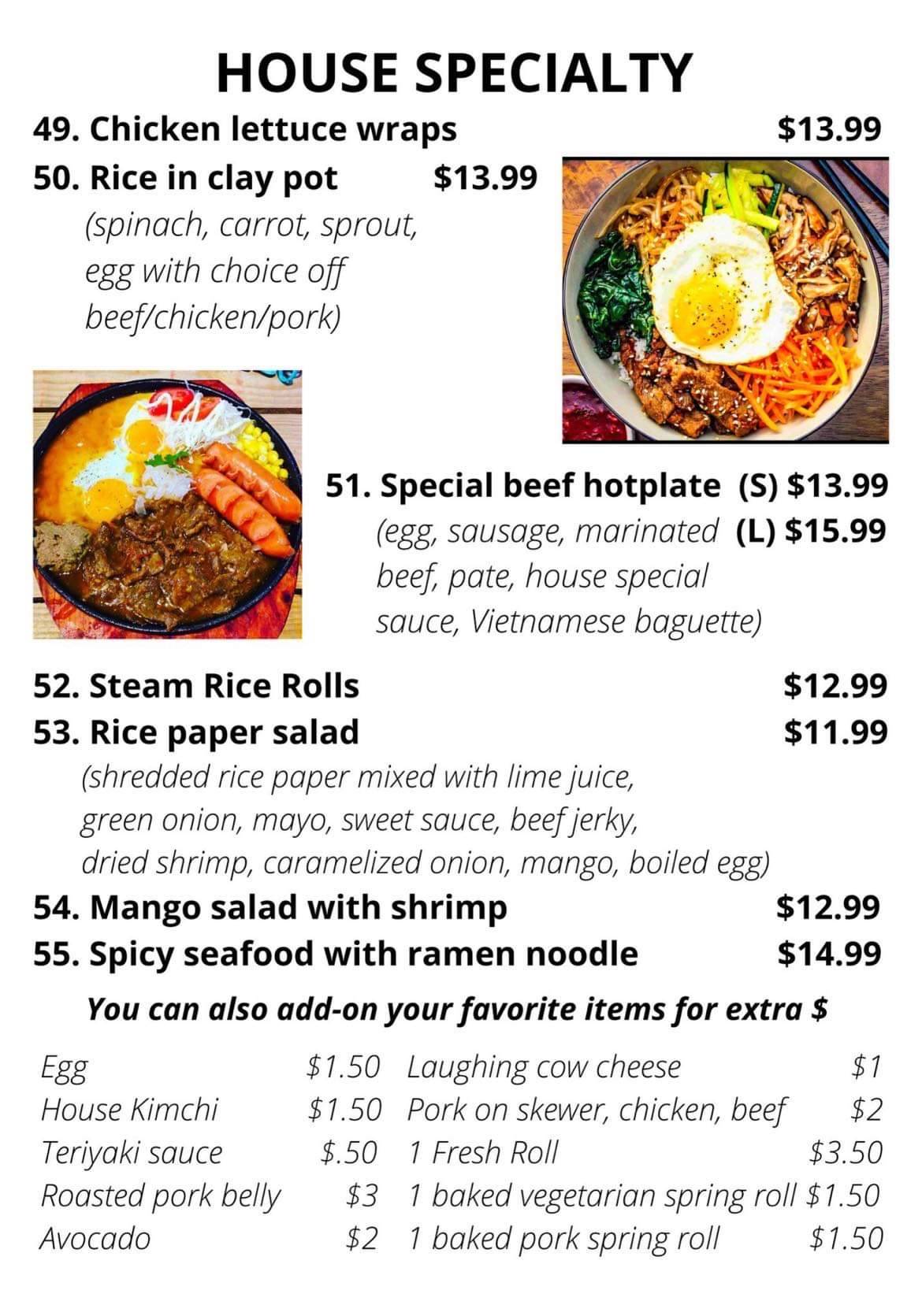 Menu at Uncle Sunny restaurant, Regina