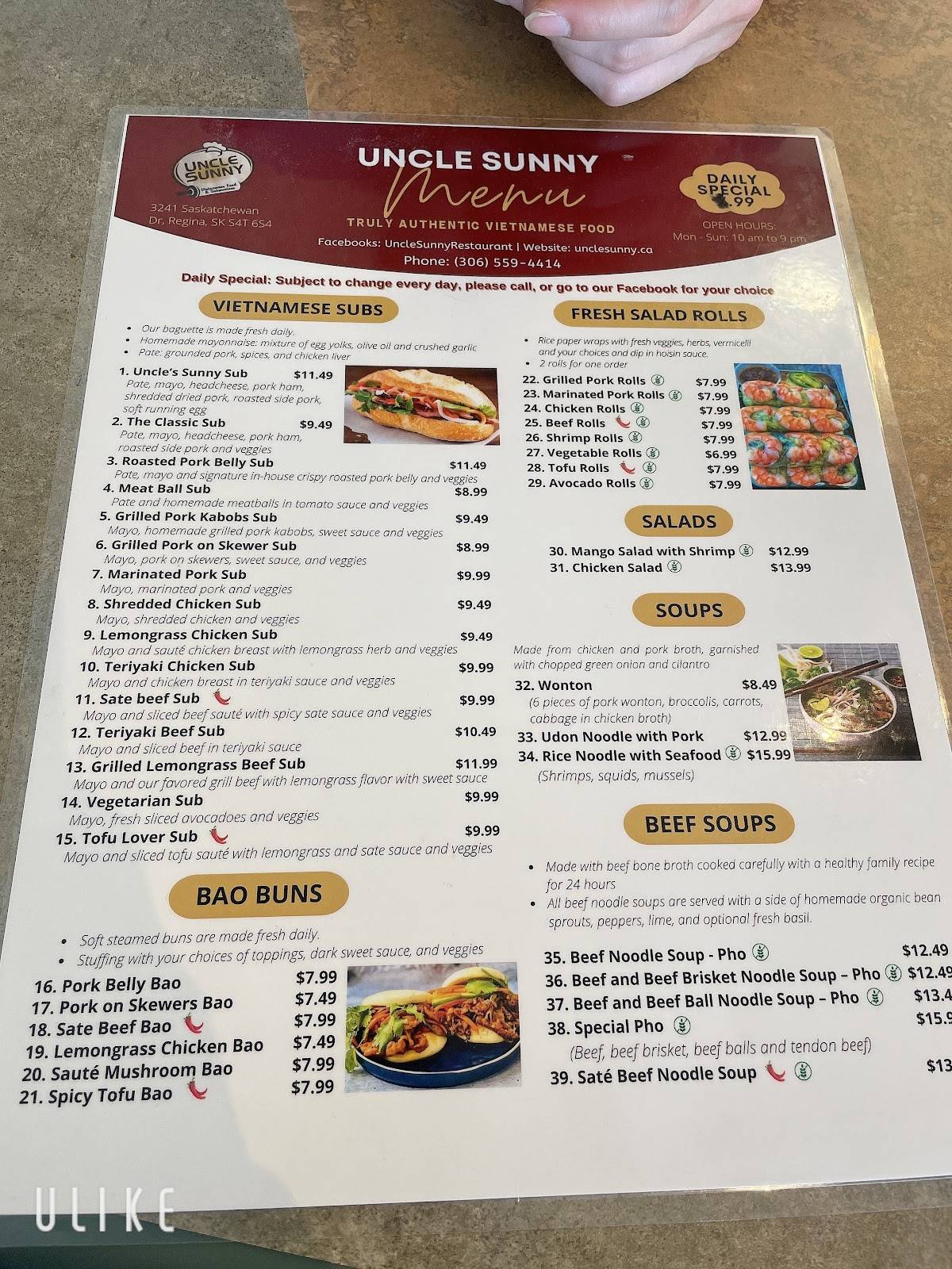 Menu at Uncle Sunny restaurant, Regina