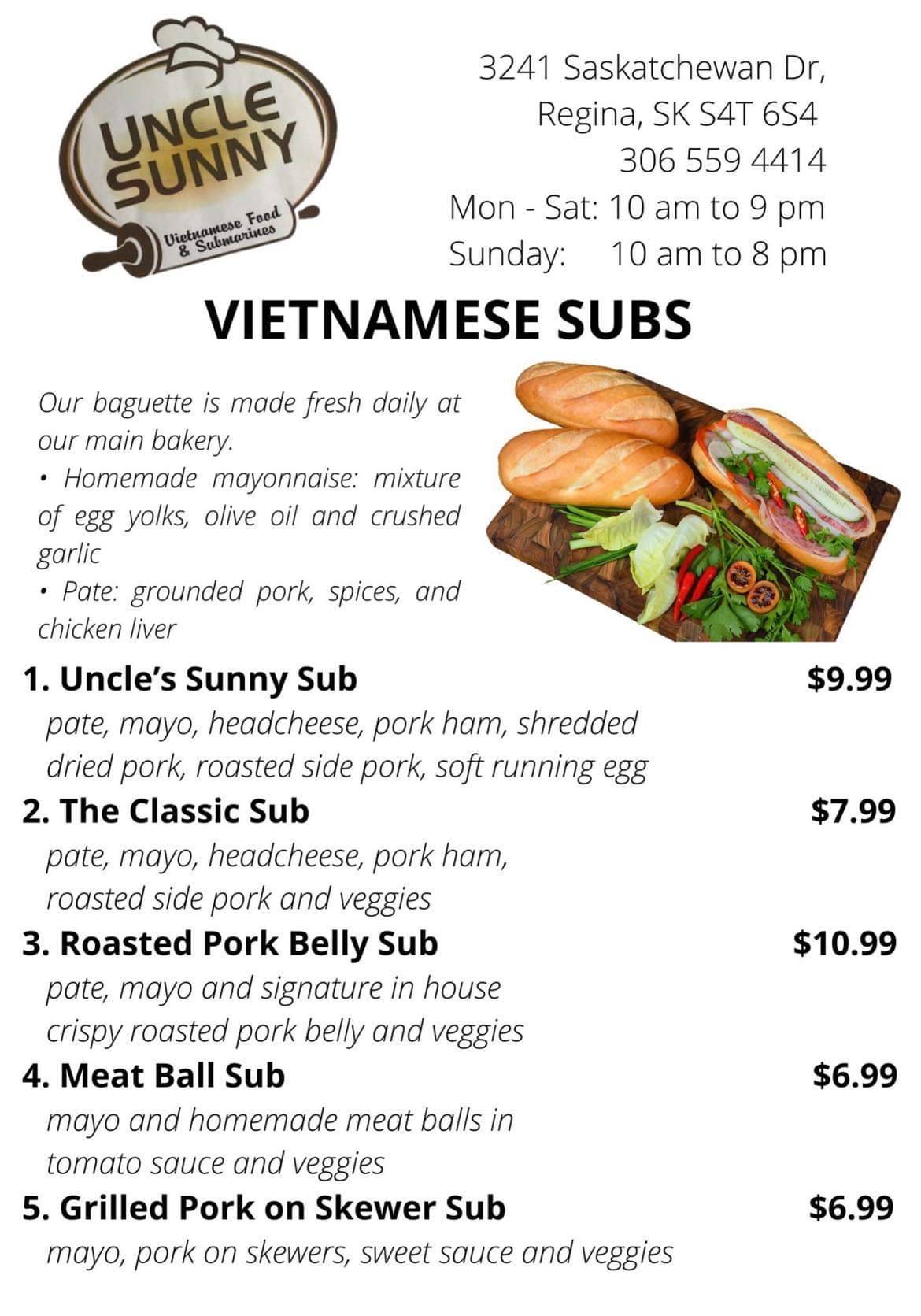 Menu at Uncle Sunny restaurant, Regina