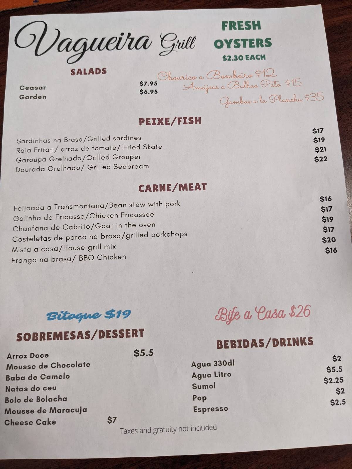 Menu at Vagueira restaurant, Toronto