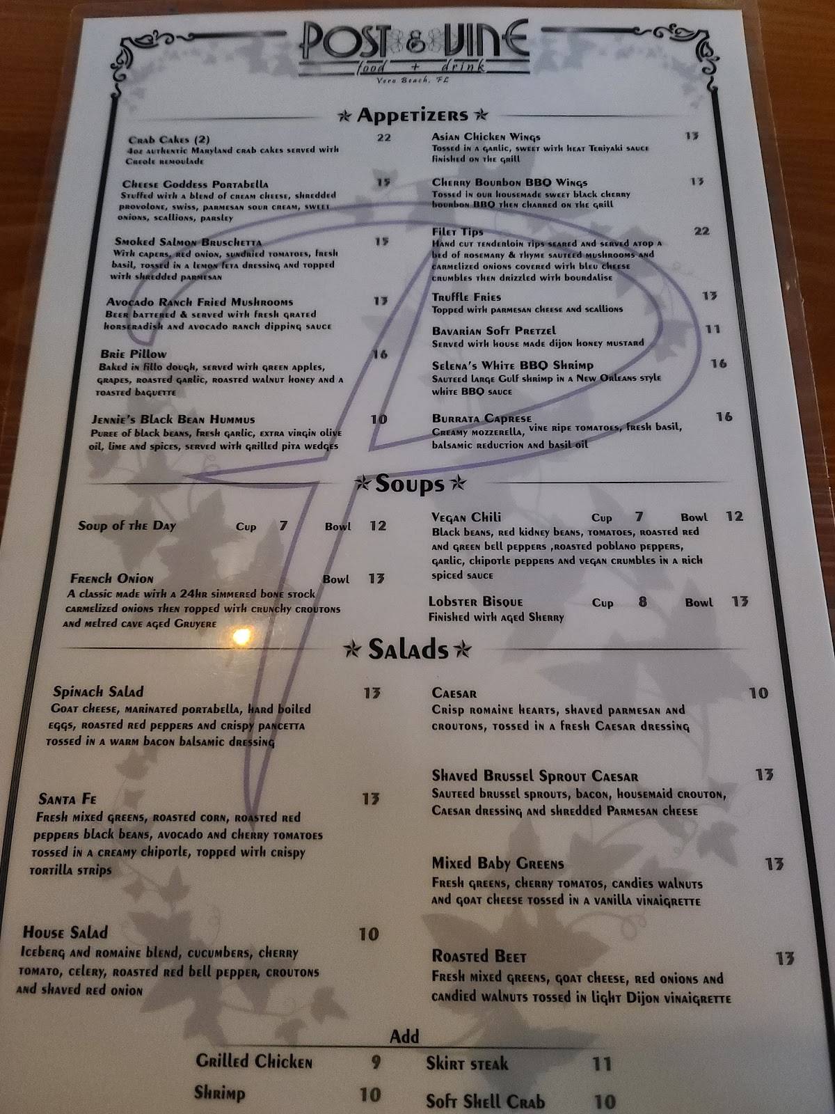 Menu at Post & Vine pub & bar, Vero Beach
