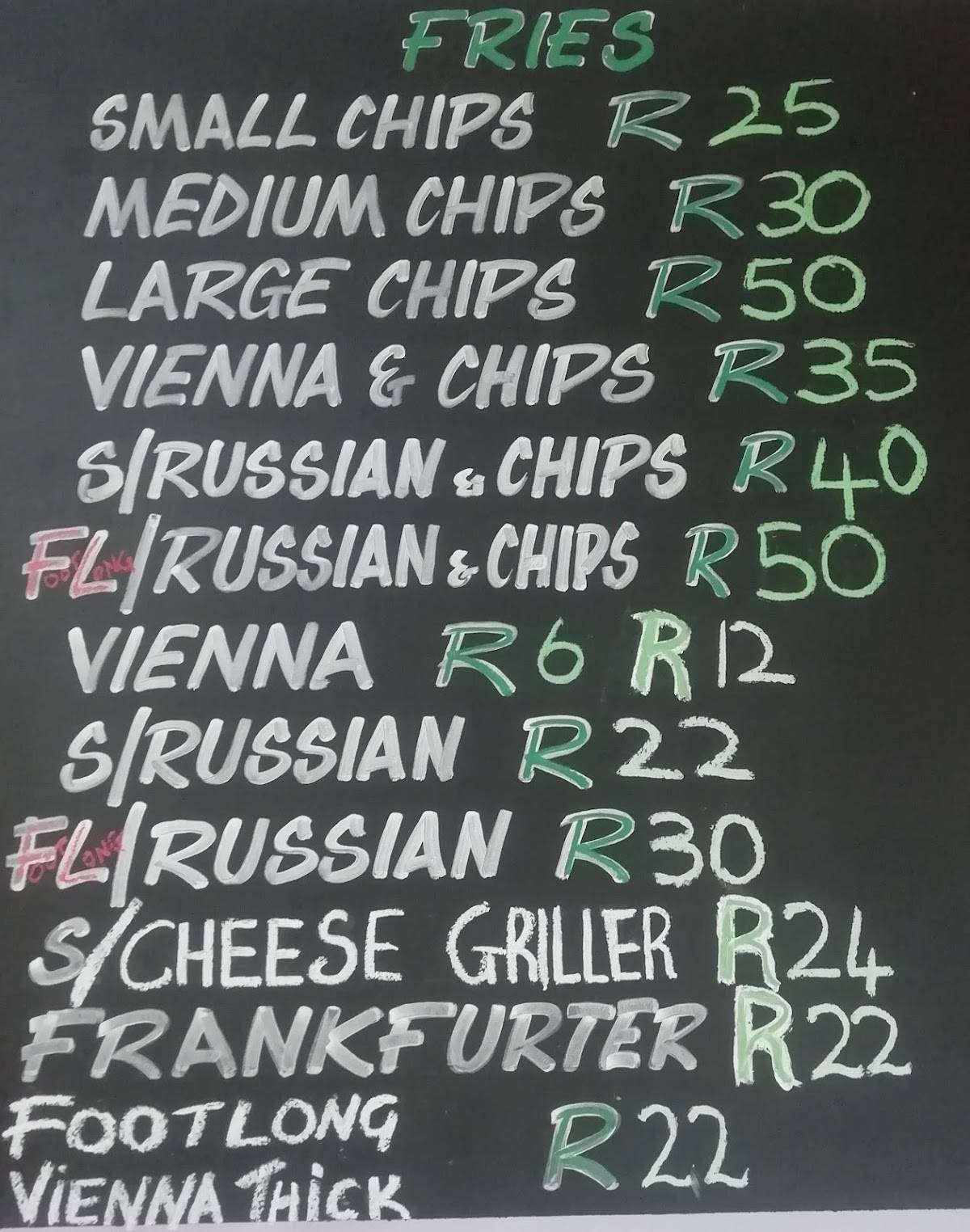 Menu at Vetkoek Paleis restaurant, Johannesburg, 37 Anstruther St