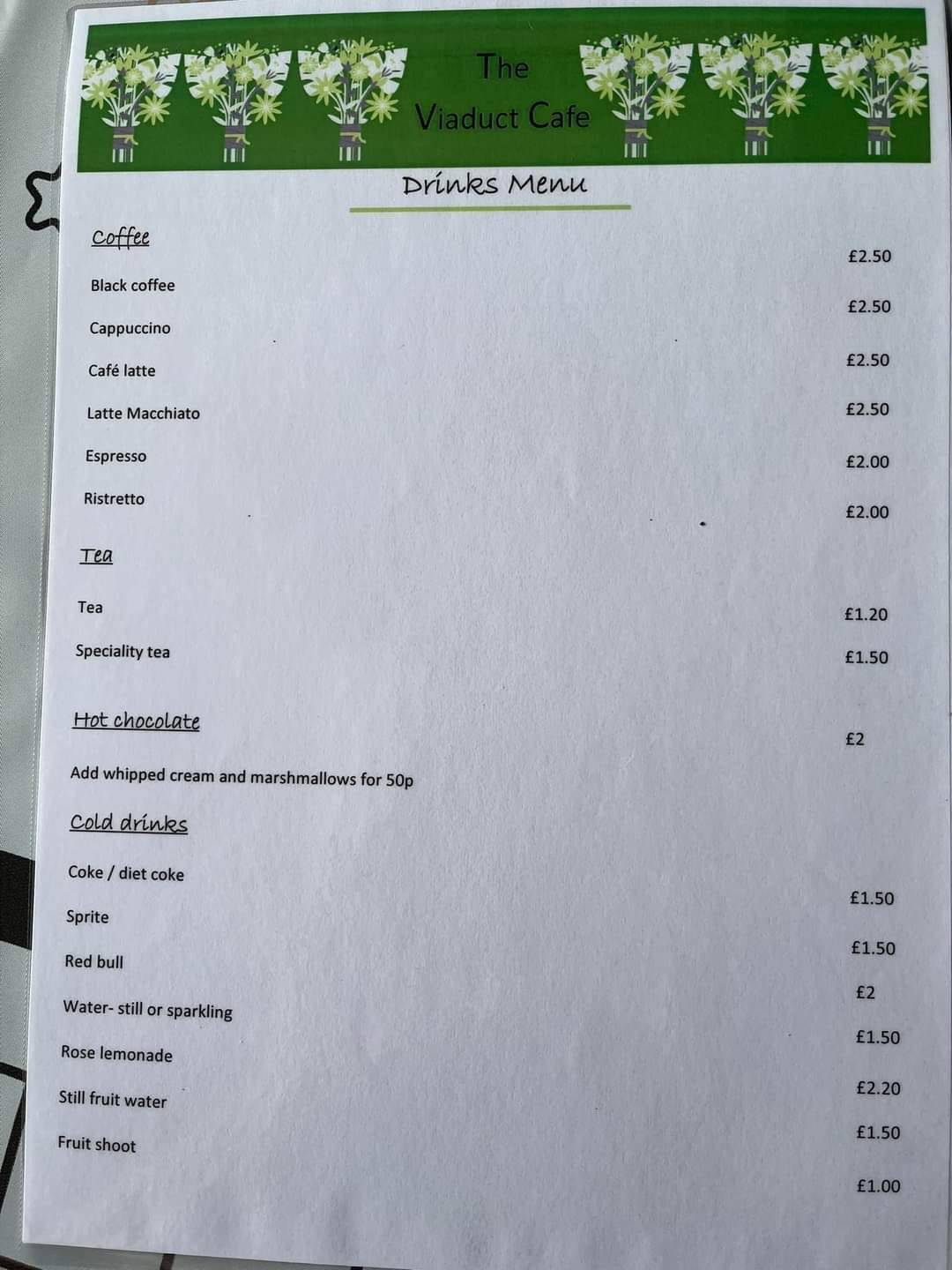 Menu at Viaduct Cafe, Coalpit Heath
